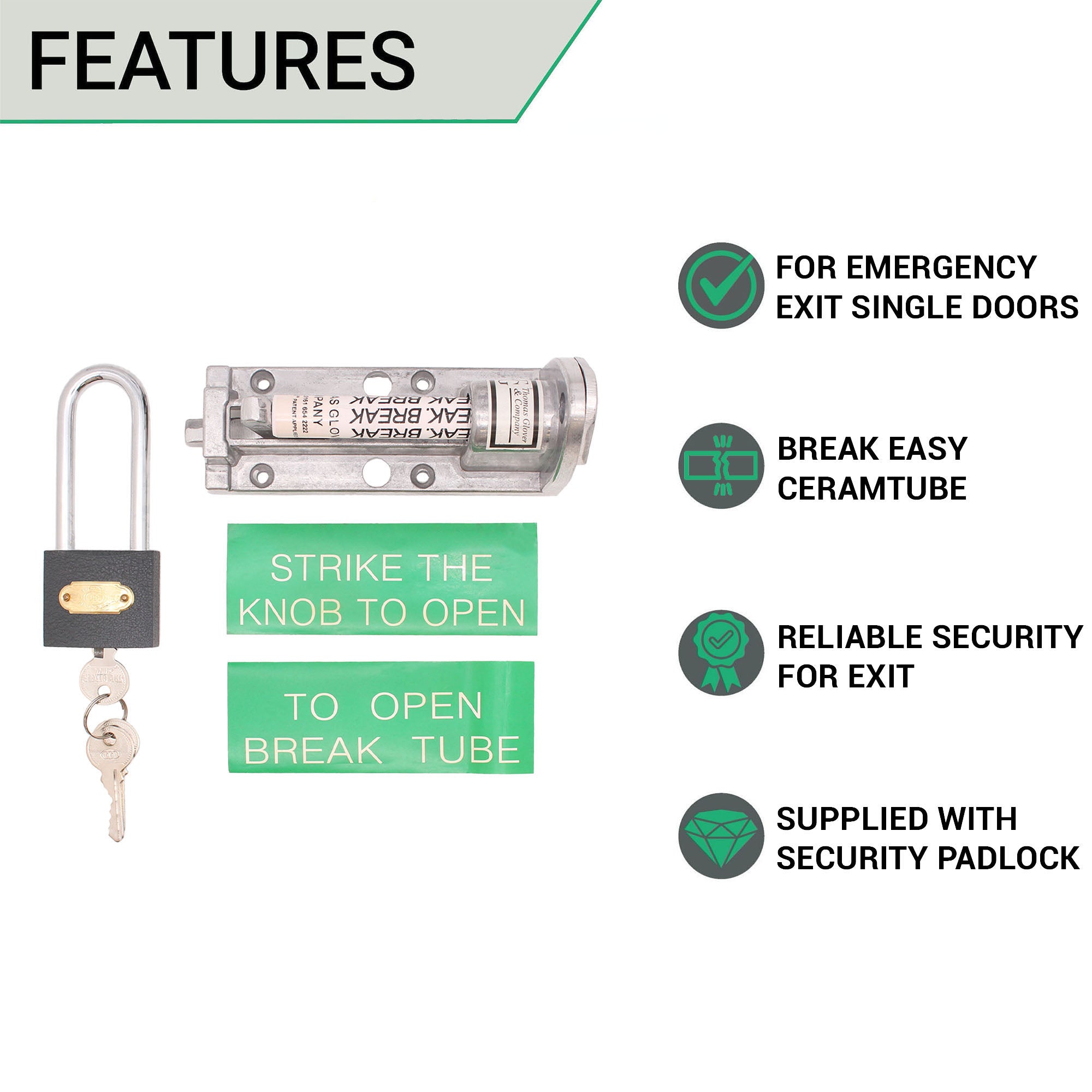 Emergency Exit Break Glass Panic Bolt Kit with Ceramic Tube & Padlock ...