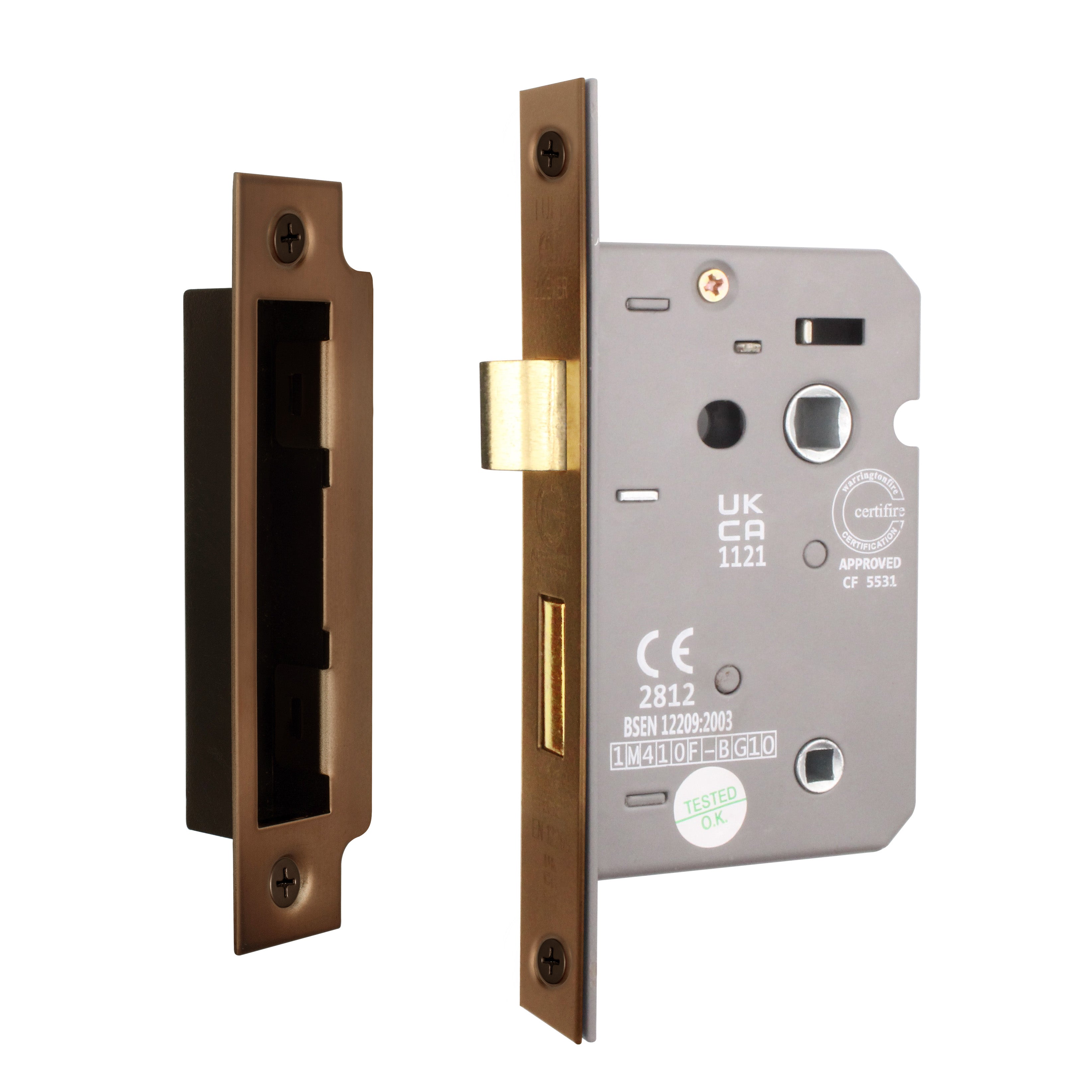Mortice Fire Rated Bathroom Lock - 64mm Case Size - 44mm Backset - Bronze