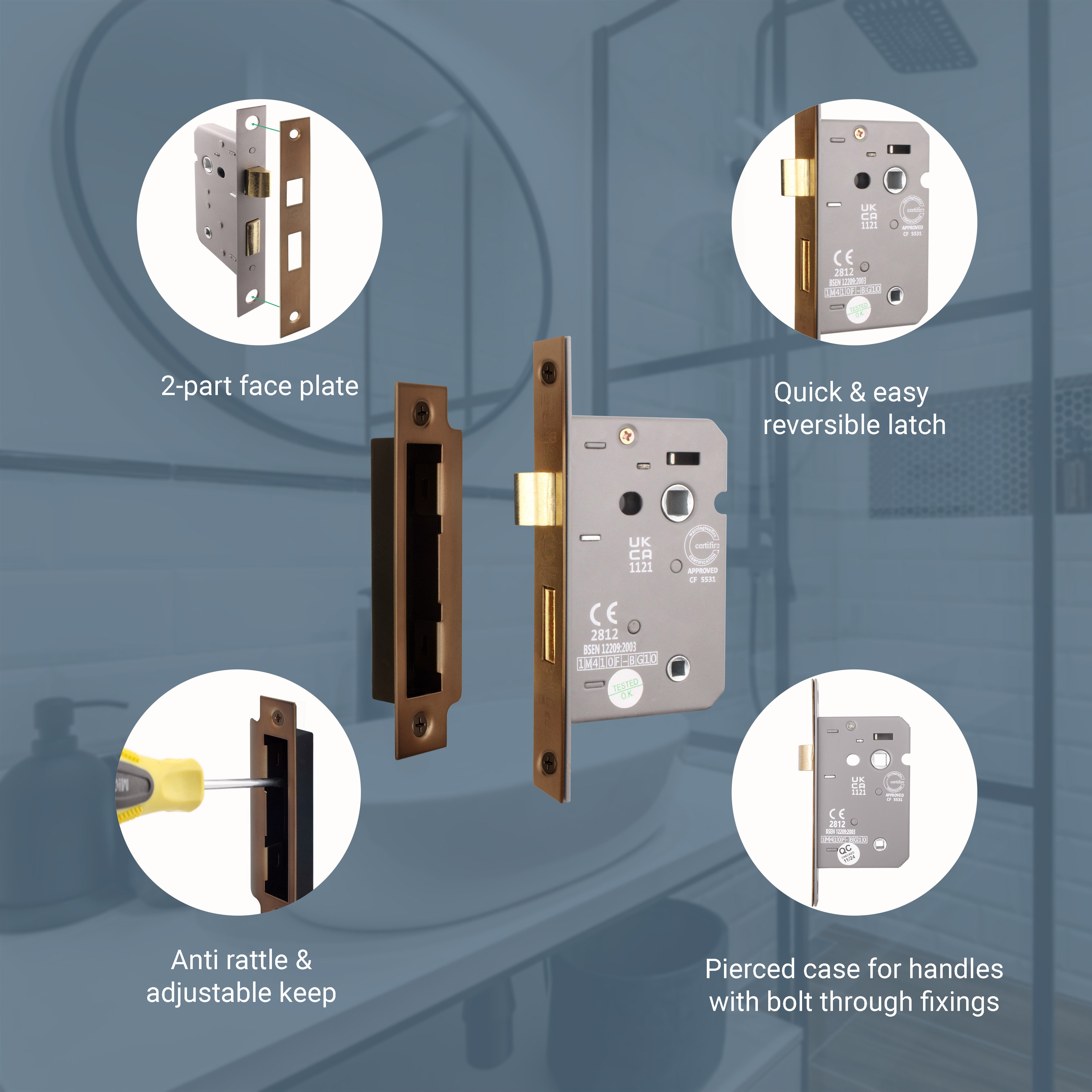 Mortice Bathroom Lock Fire Rated - 80mm Case Size - 57mm Backset ...