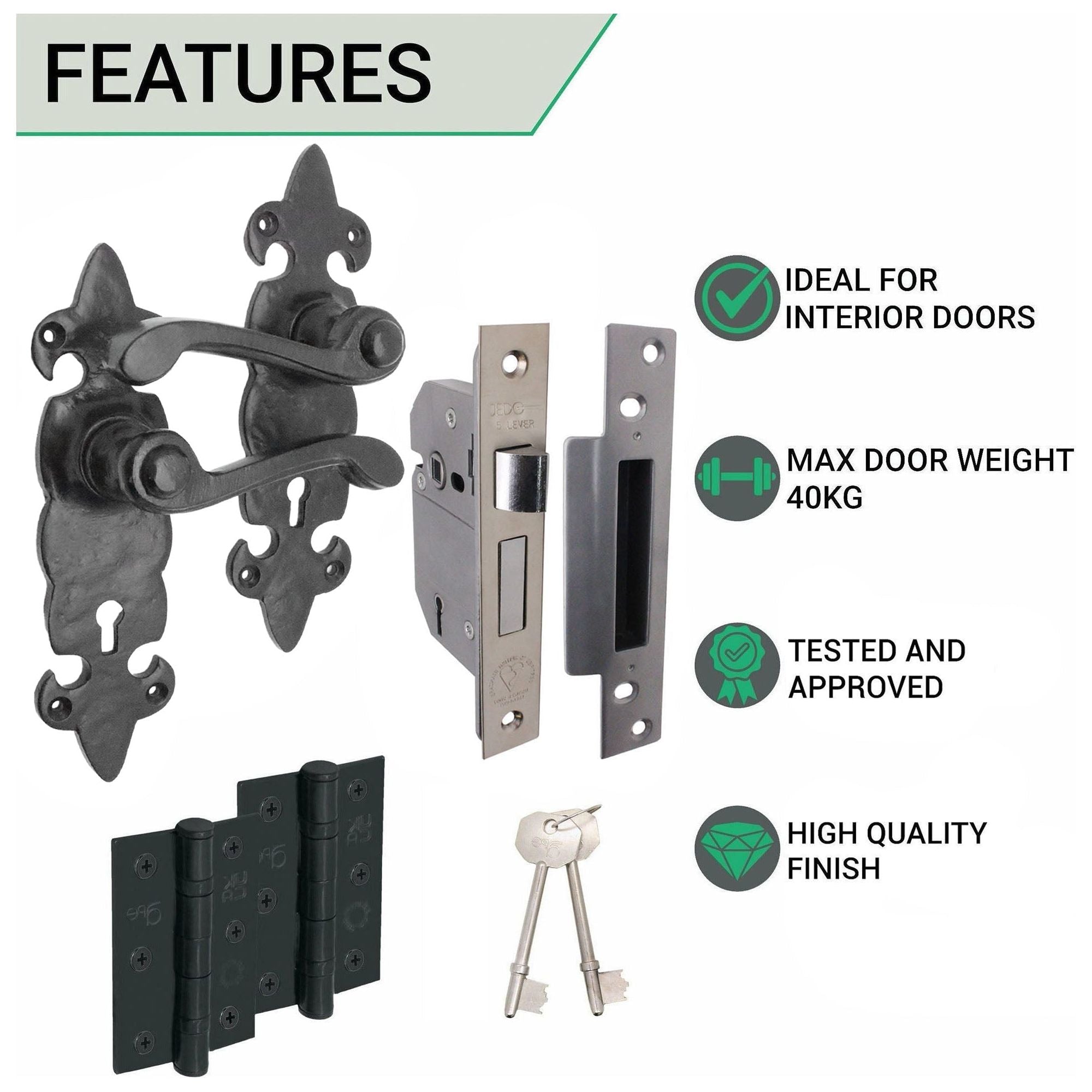 Black Iron Lever Door Handles on Backplate Fleur De Lys Pattern 5 Lever ...