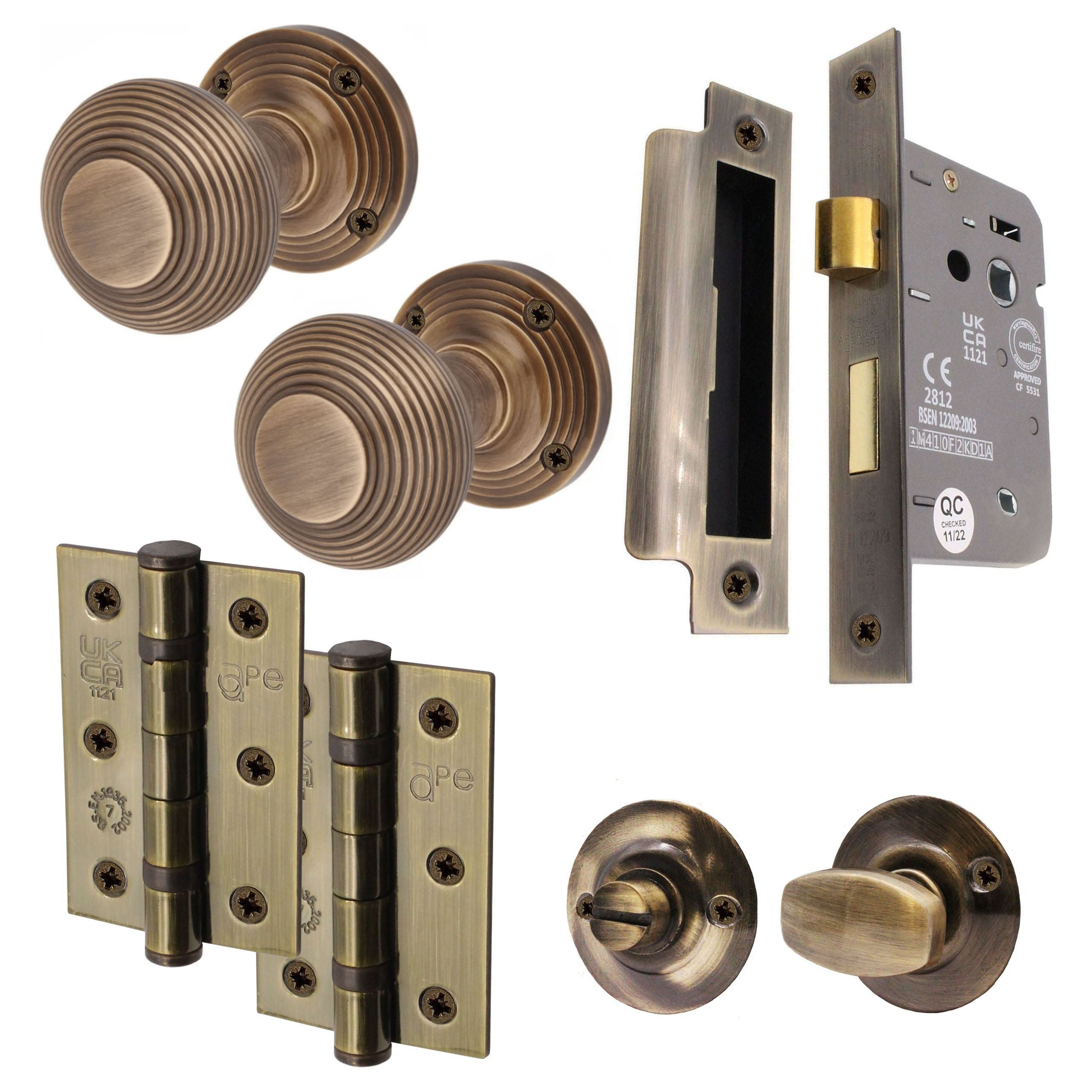 Beehive Reeded Mortice Door Knob Bathroom Lock Kit - 80mm Lock ...