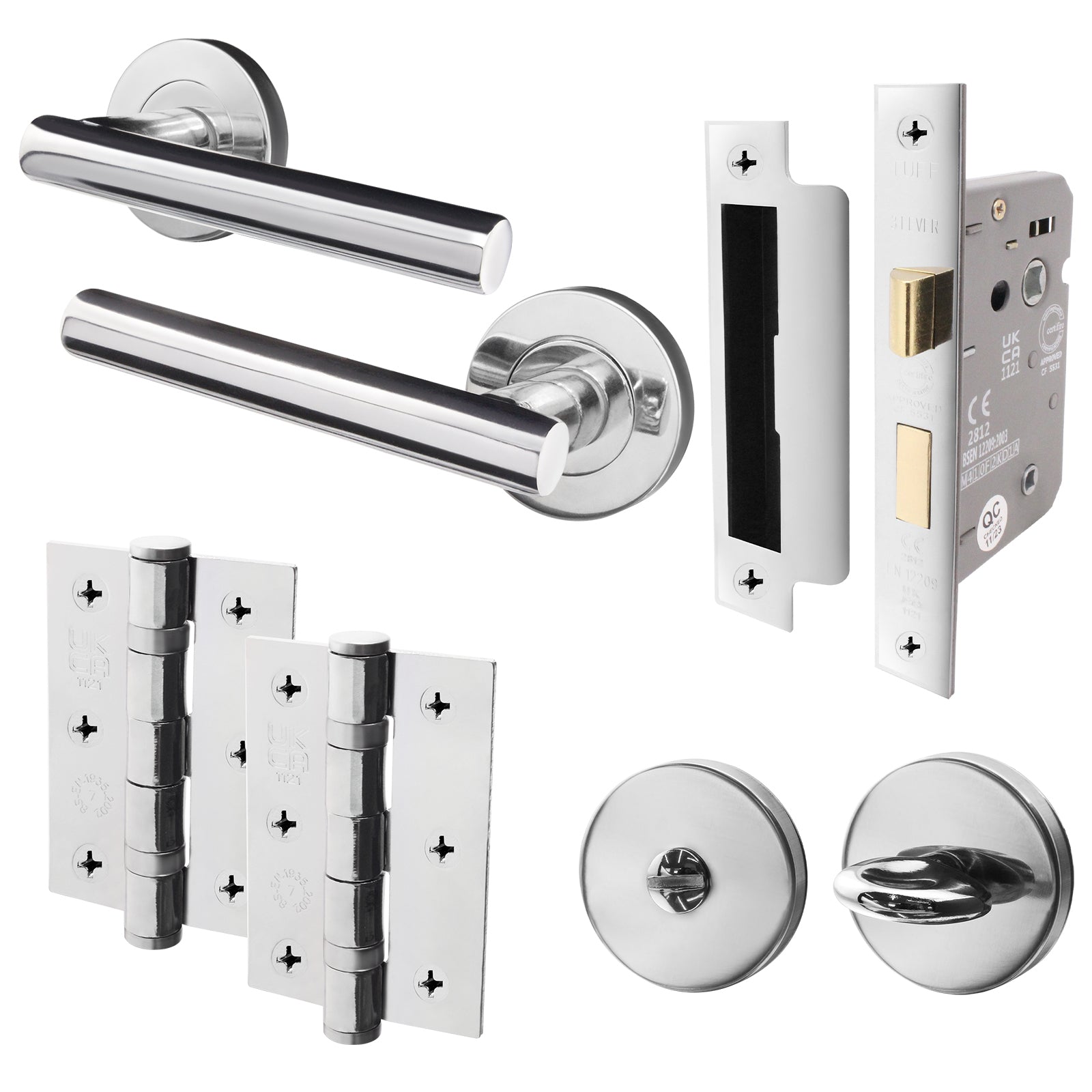 Olbia Polished Chrome Lever on Rose Door Handle Pack - 80mm Bathroom Lock