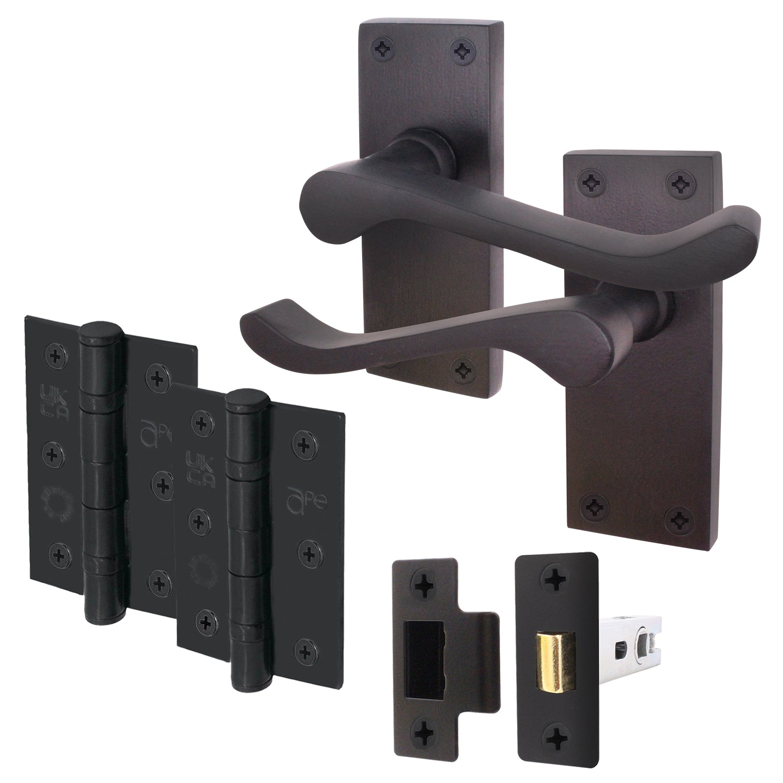 Victorian Scroll Matt Black Lever Door Handle Pack - 64mm Latch