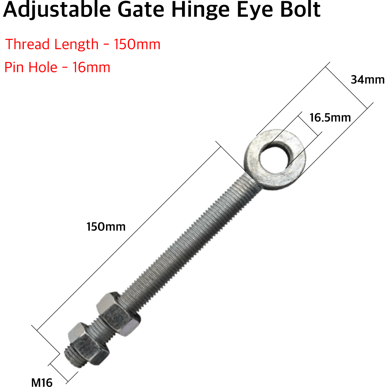 Adjustable Gate Eye - 150mm x 16mm - Zinc Plated - SINGLE - tradefit