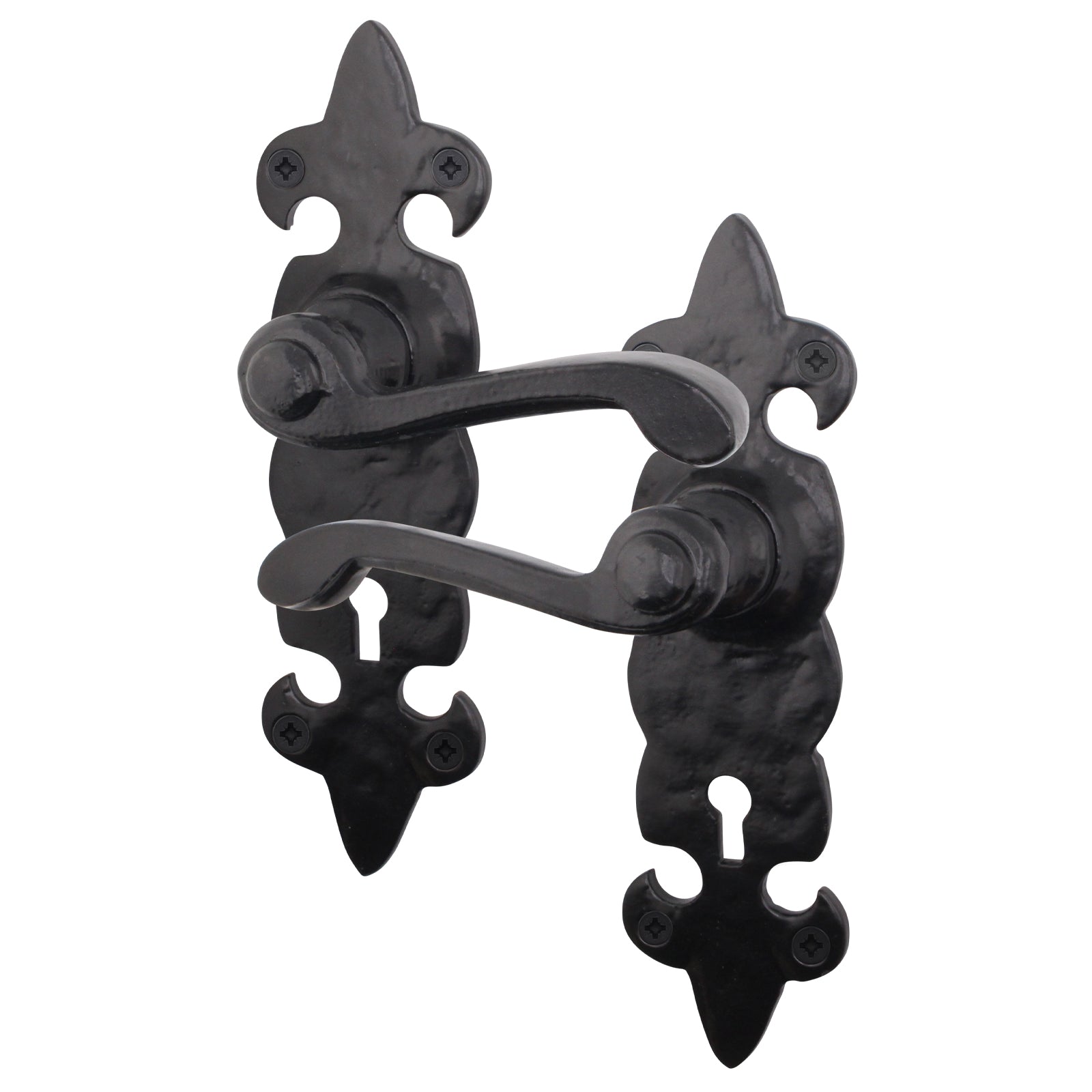 Fleur De Lys Antique Black Cast Iron Lever Lock Door Handles - Keyhole