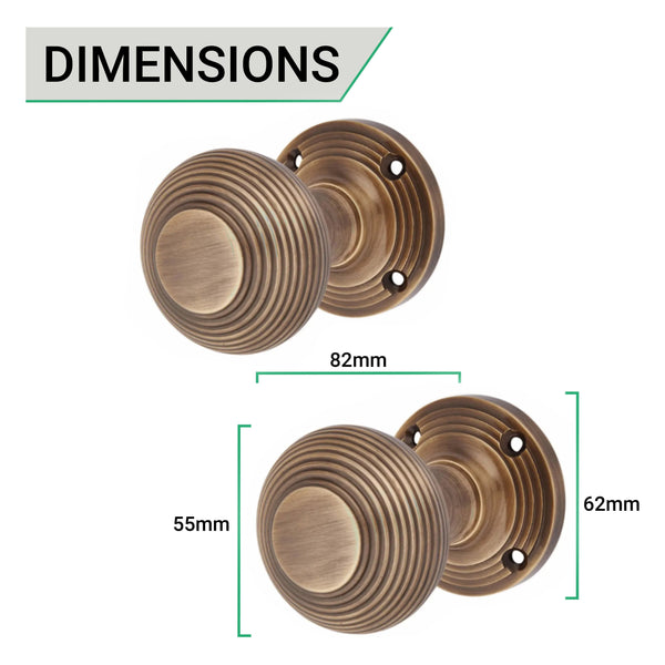 Beehive Reeded Door Knob Mortice Type 55mm Sprung Antique Brass - tradefit