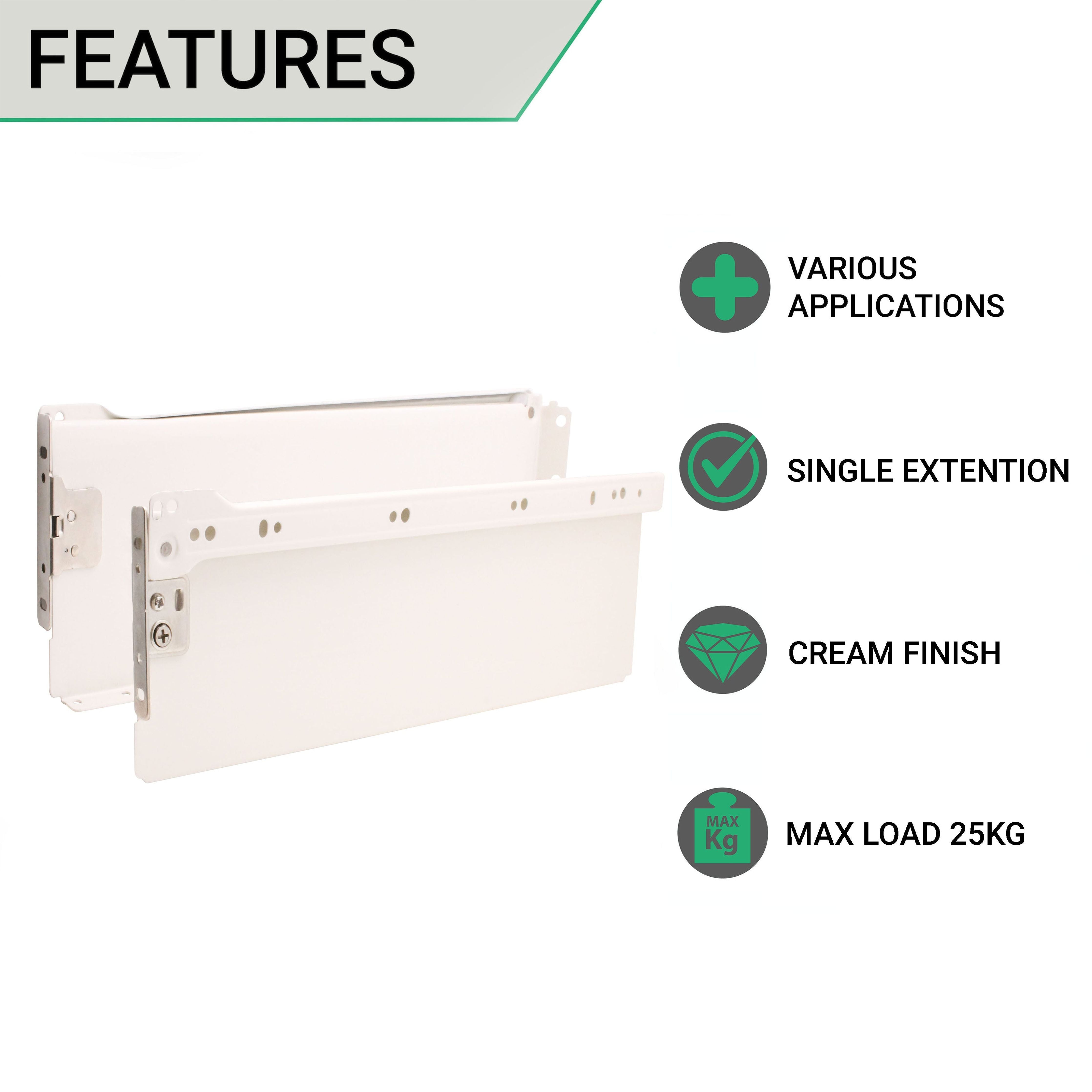 Metal Drawer Box Side Pack 30kg H150 x L270mm Ext 75% Cream - tradefit