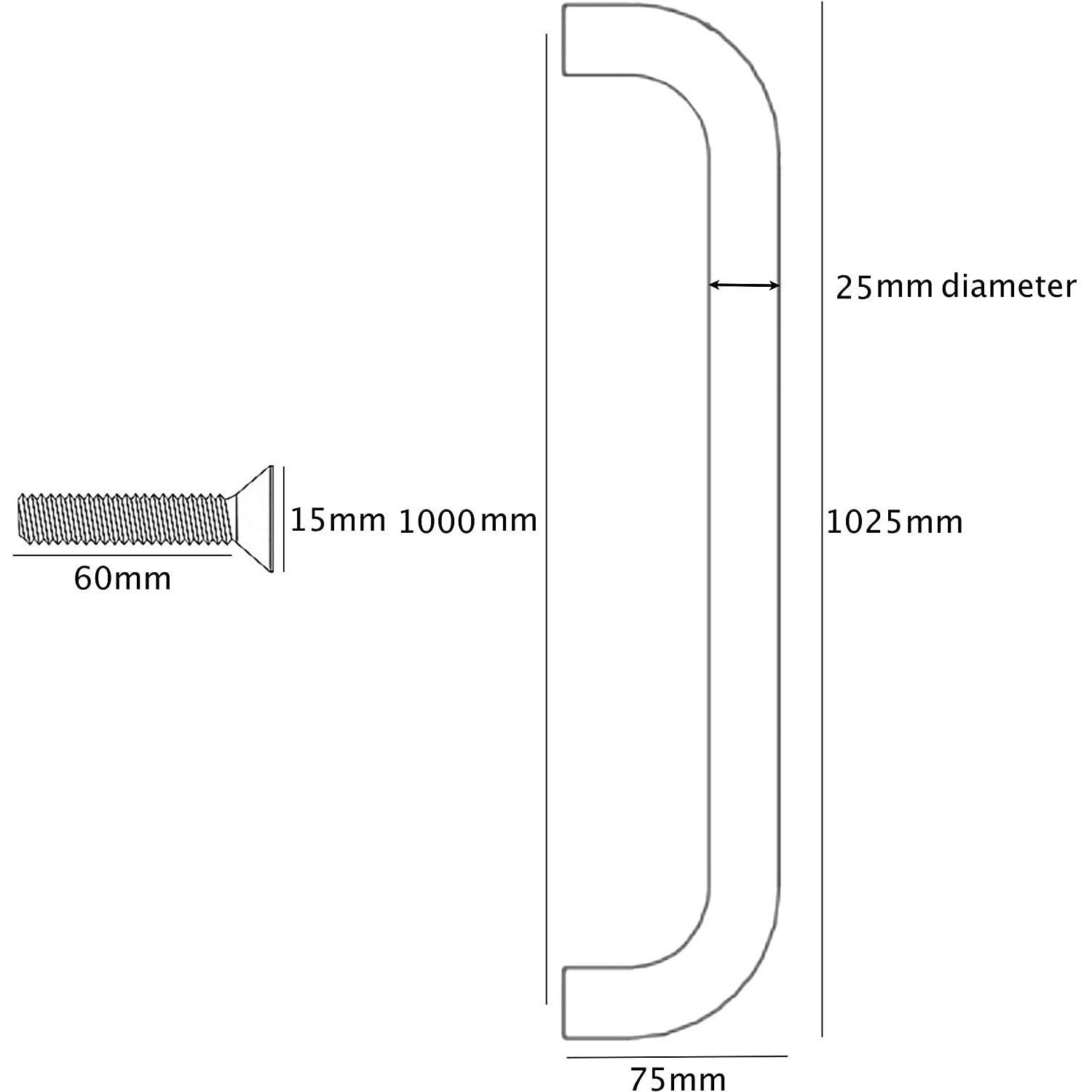 Bolt Fix Pull Handle - 1000mm x 25mm - Satin Stainless Steel - tradefit