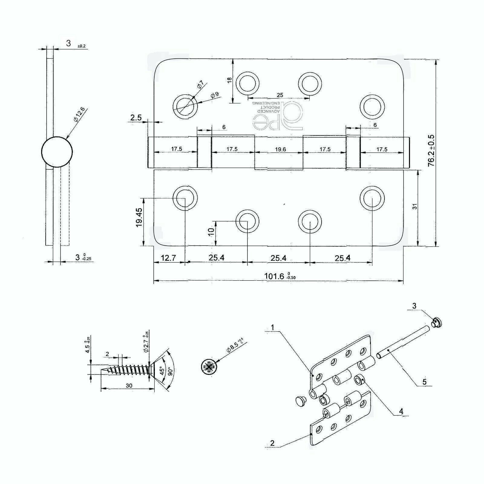 Fire Door Hinges 4" Radius Satin Stainless Steel Grade 13 - 102x76x3mm ...