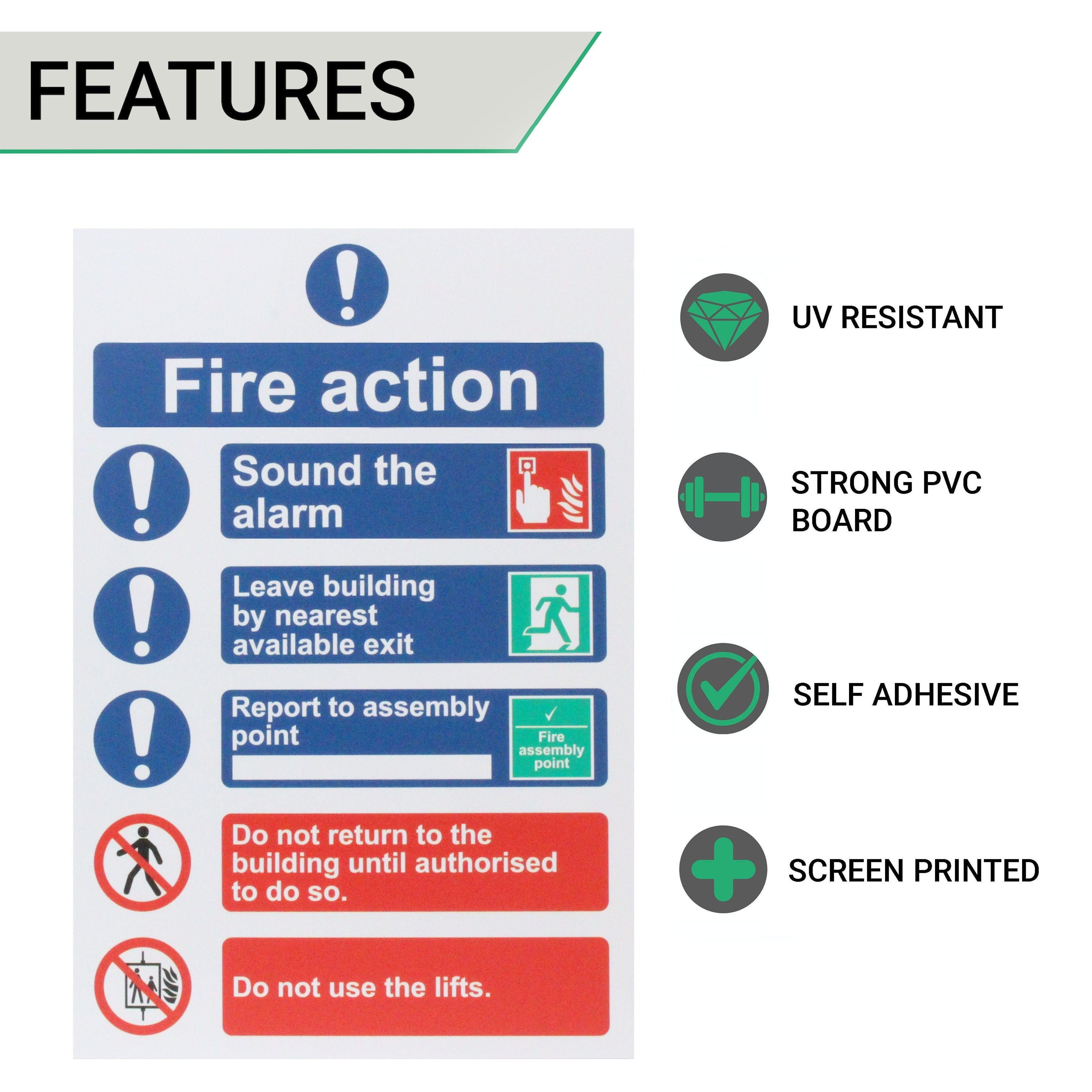 Fire Action Sign 300x200mm Self Adh Semi Rigid PVC - tradefit