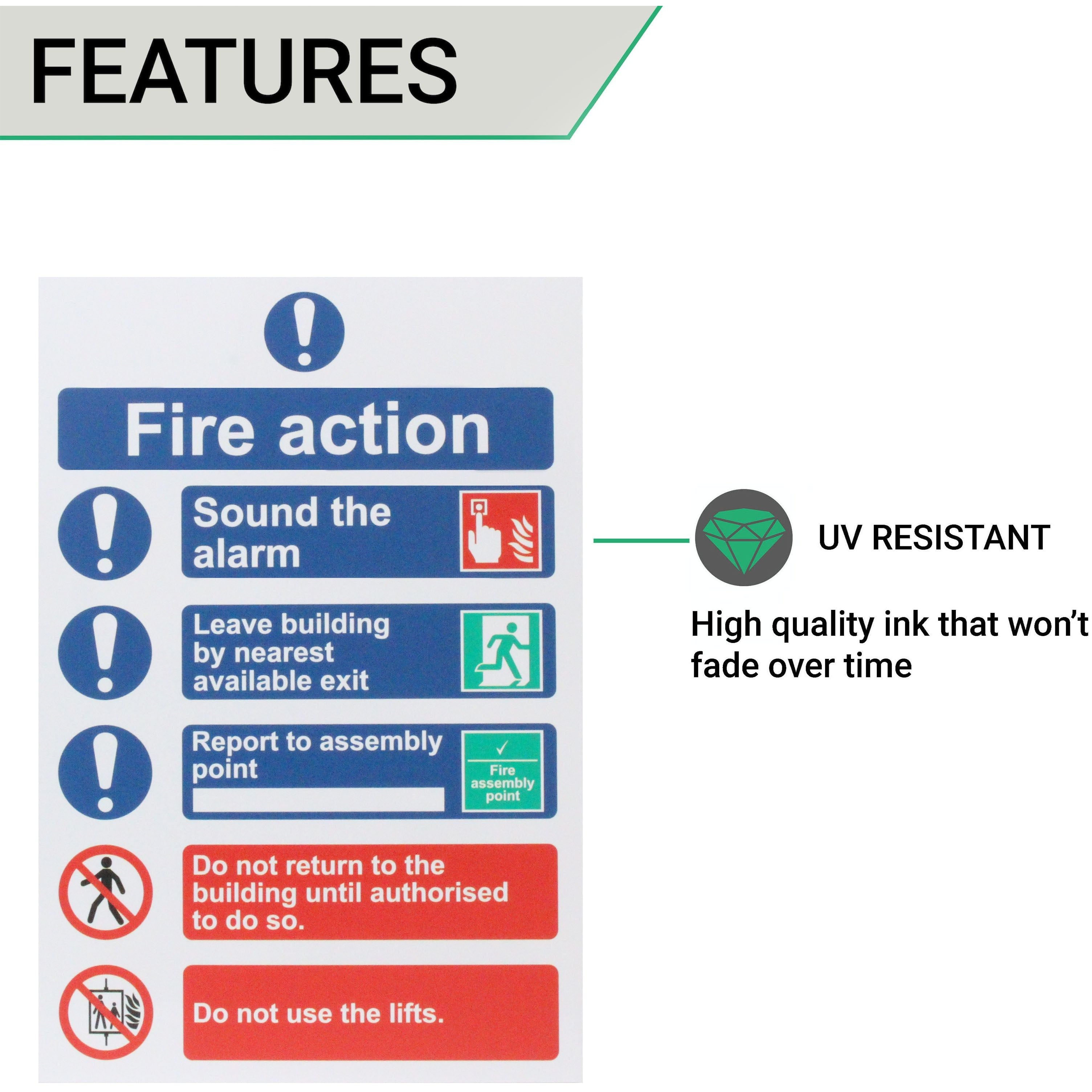 Fire Action Sign 300x200mm Self Adh Semi Rigid PVC - tradefit