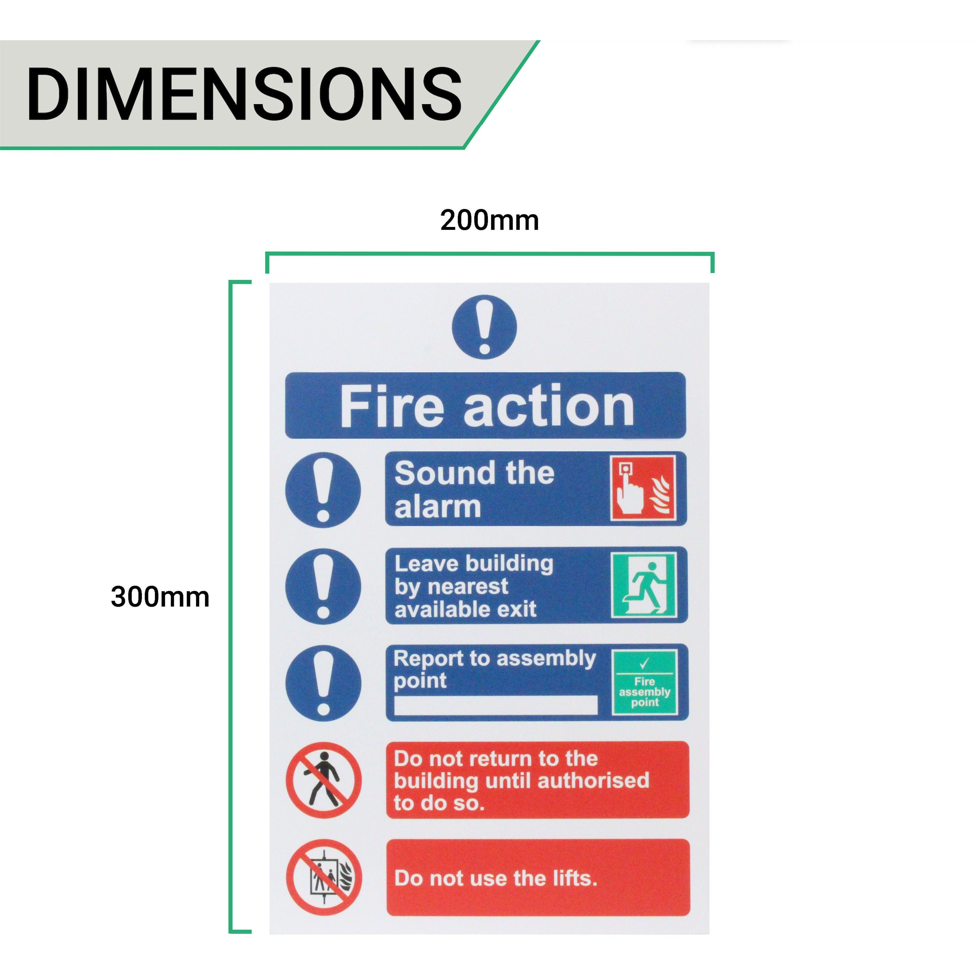 Fire Action Sign 300x200mm Self Adh Semi Rigid PVC - tradefit