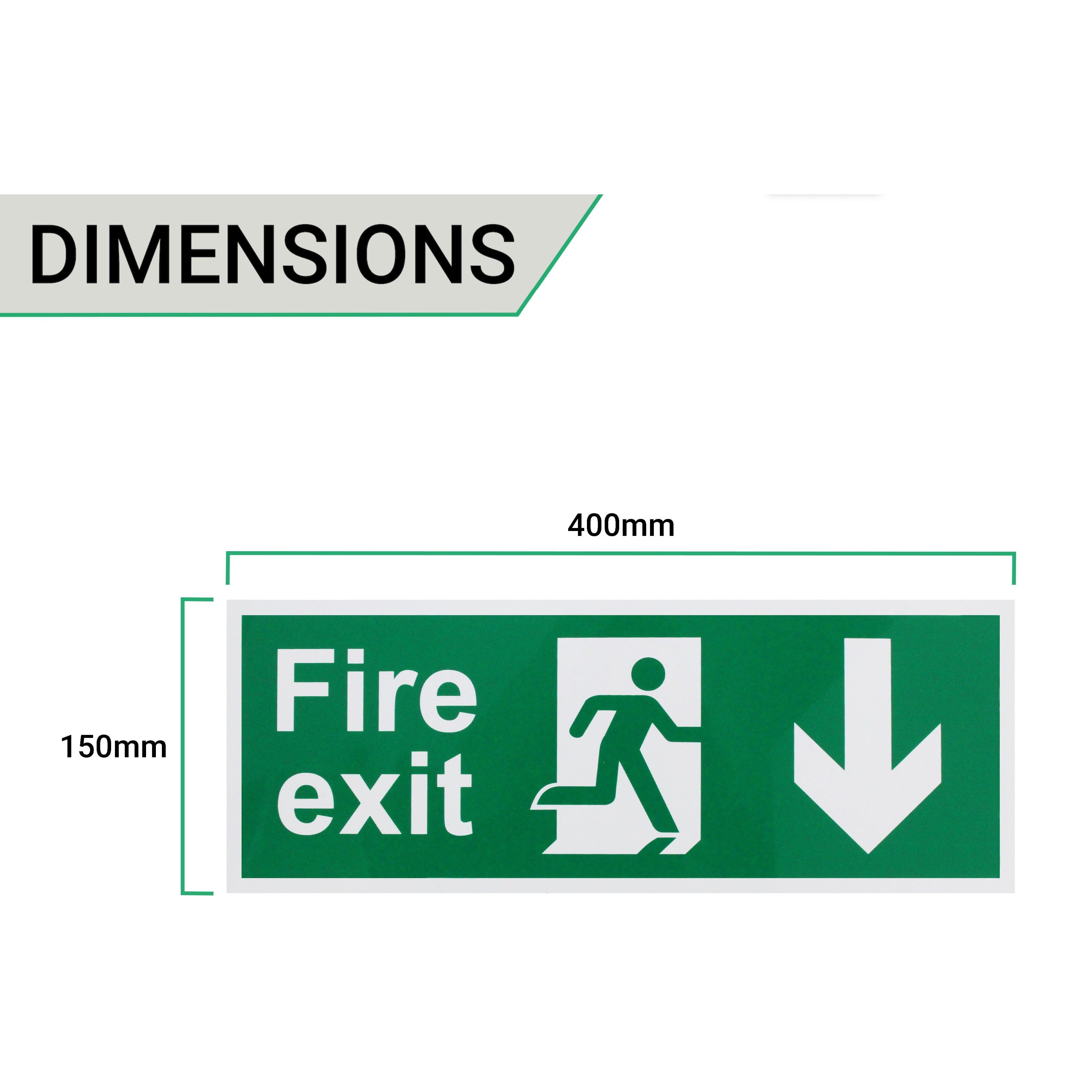 Fire Exit Sign Arrow Man DOWN 400x150mm Self Adh Semi Rigid PVC ...