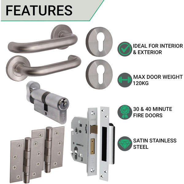 Return To Door Lever on Rose Handle Euro Cylinder Lock Kit - Satin ...