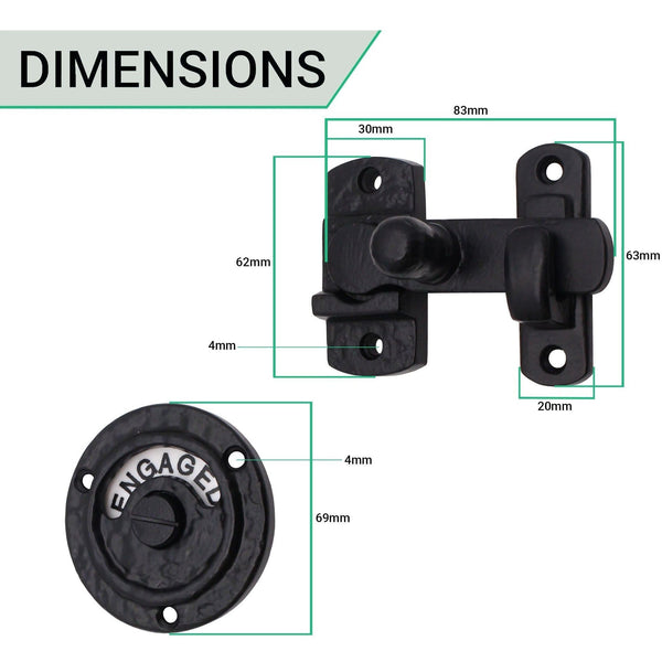 Bathroom Indicator Bolt - Black Antique Iron - 83mm - tradefit - 3