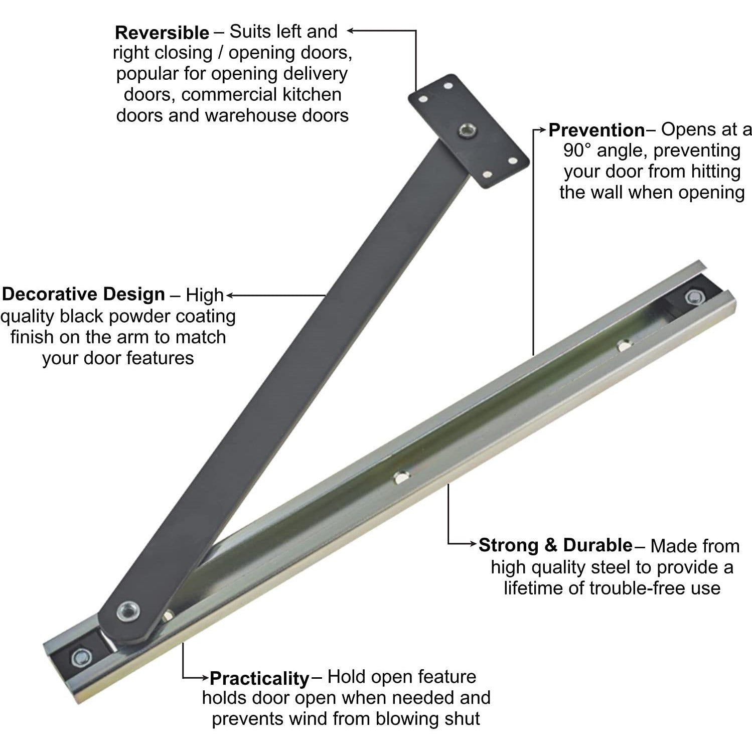 Door Restrictor Arm Stay Mortice Overhead - 90° Opening - Black - tradefit