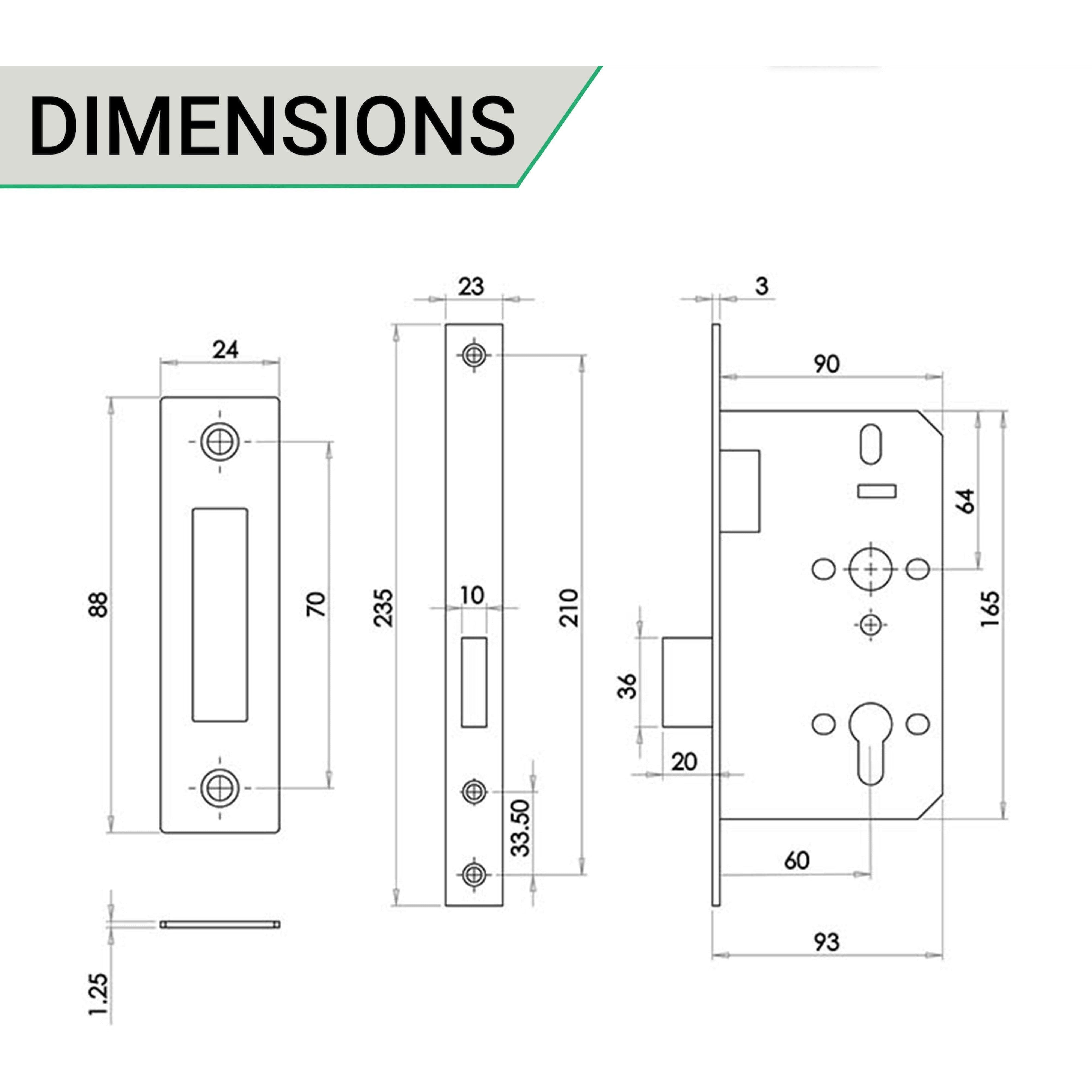 Fire Rated DIN Latch - 60mm Backset / 90mm Case / 72mm Centres - Satin ...