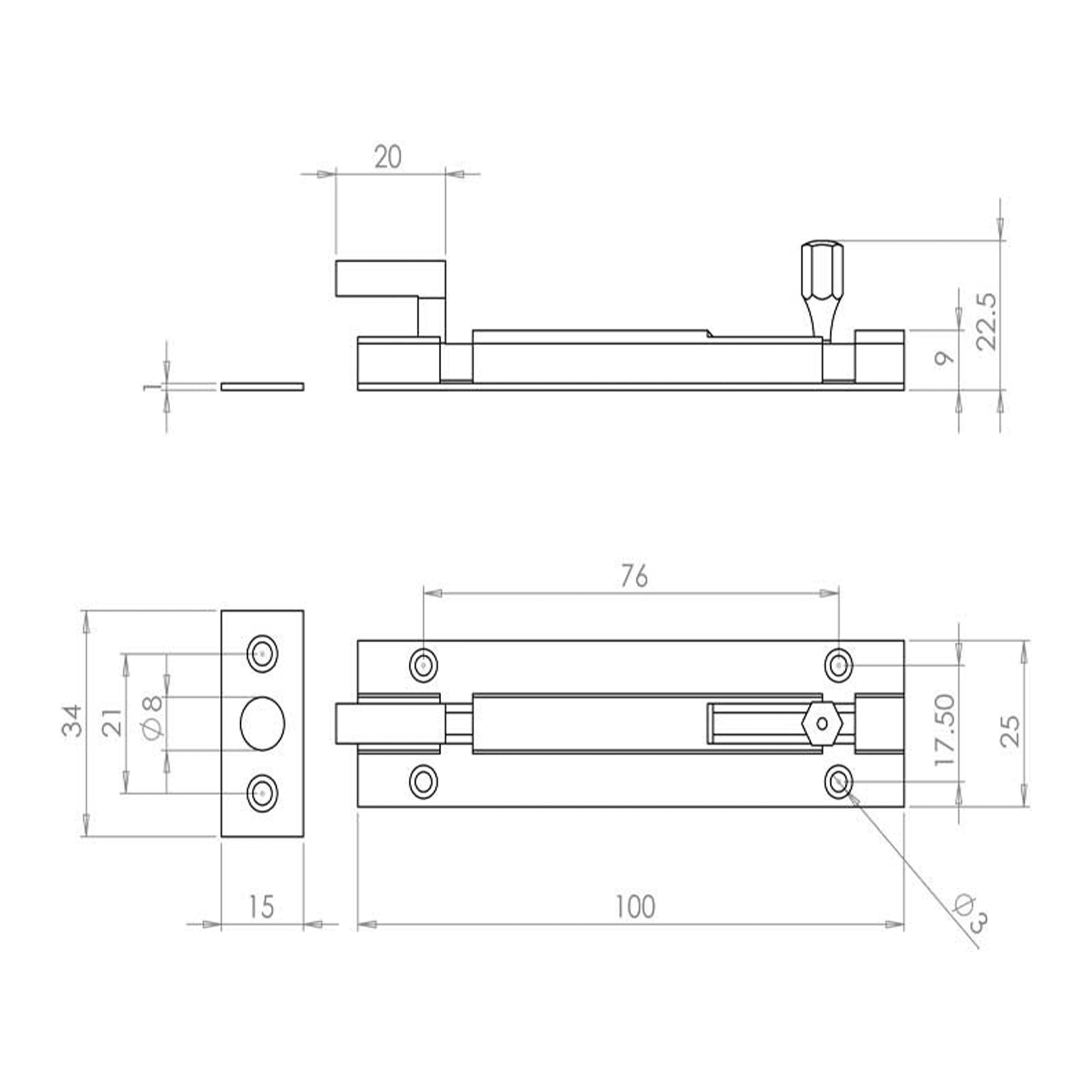 Necked Barrel Bolt - 100mm - Polished Brass - tradefit