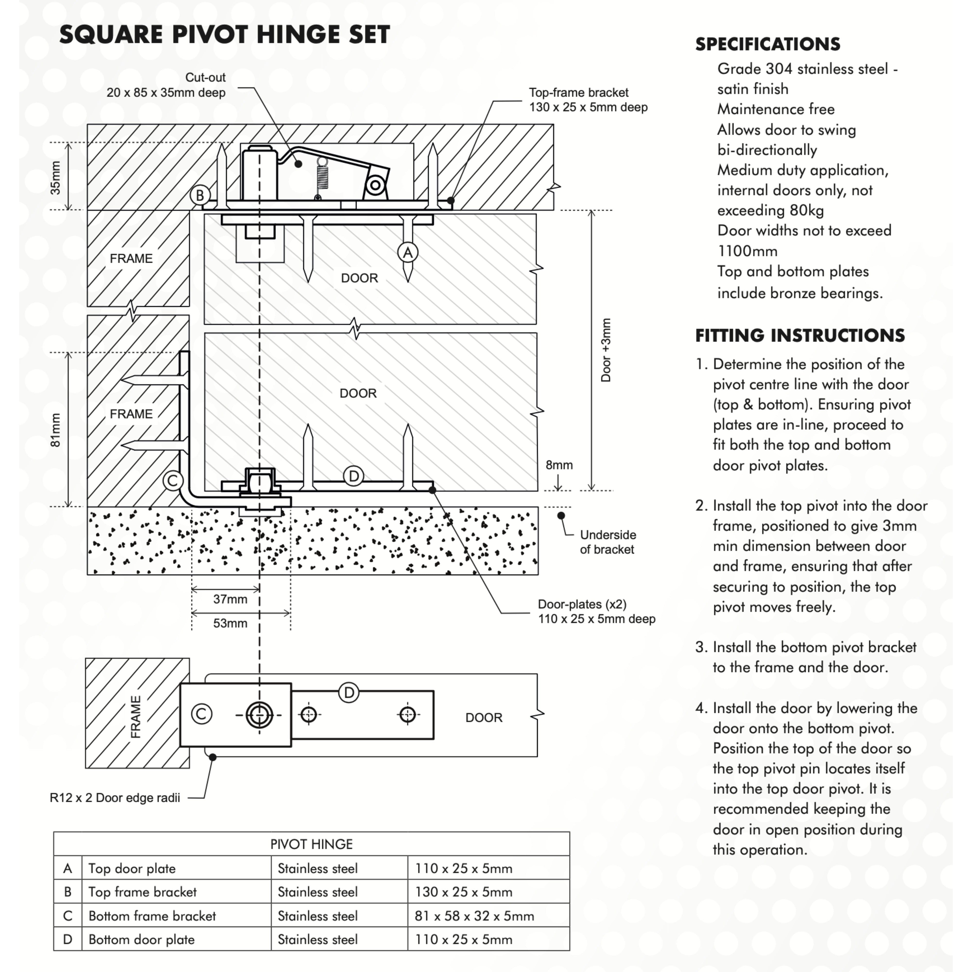 Pivot Hinge Set Double Action Swing Door - 130 x 25mm - Satin Stainless ...