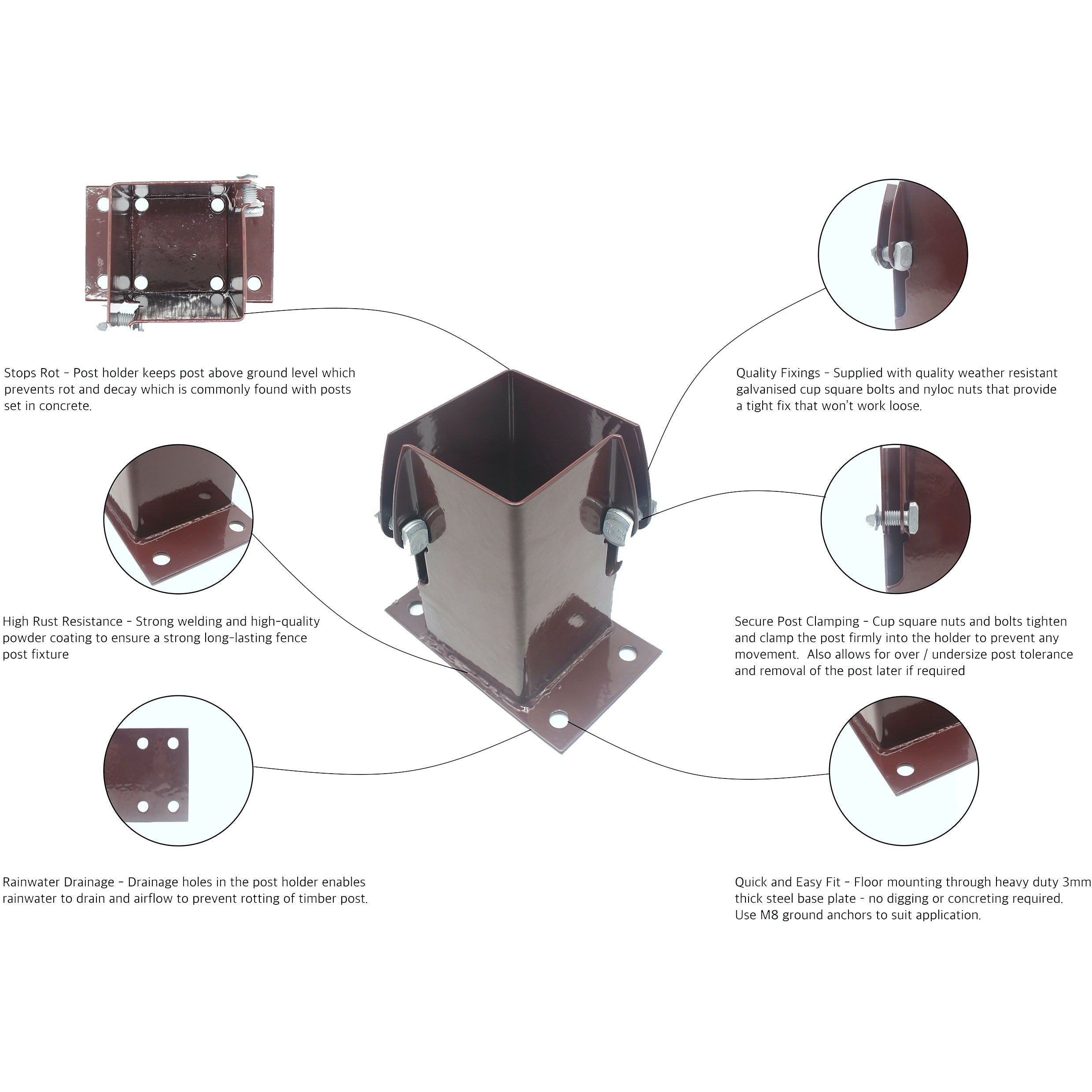 Bolt Down Fence Post Flush Fit Shoe -75mm - Oxide Red - tradefit