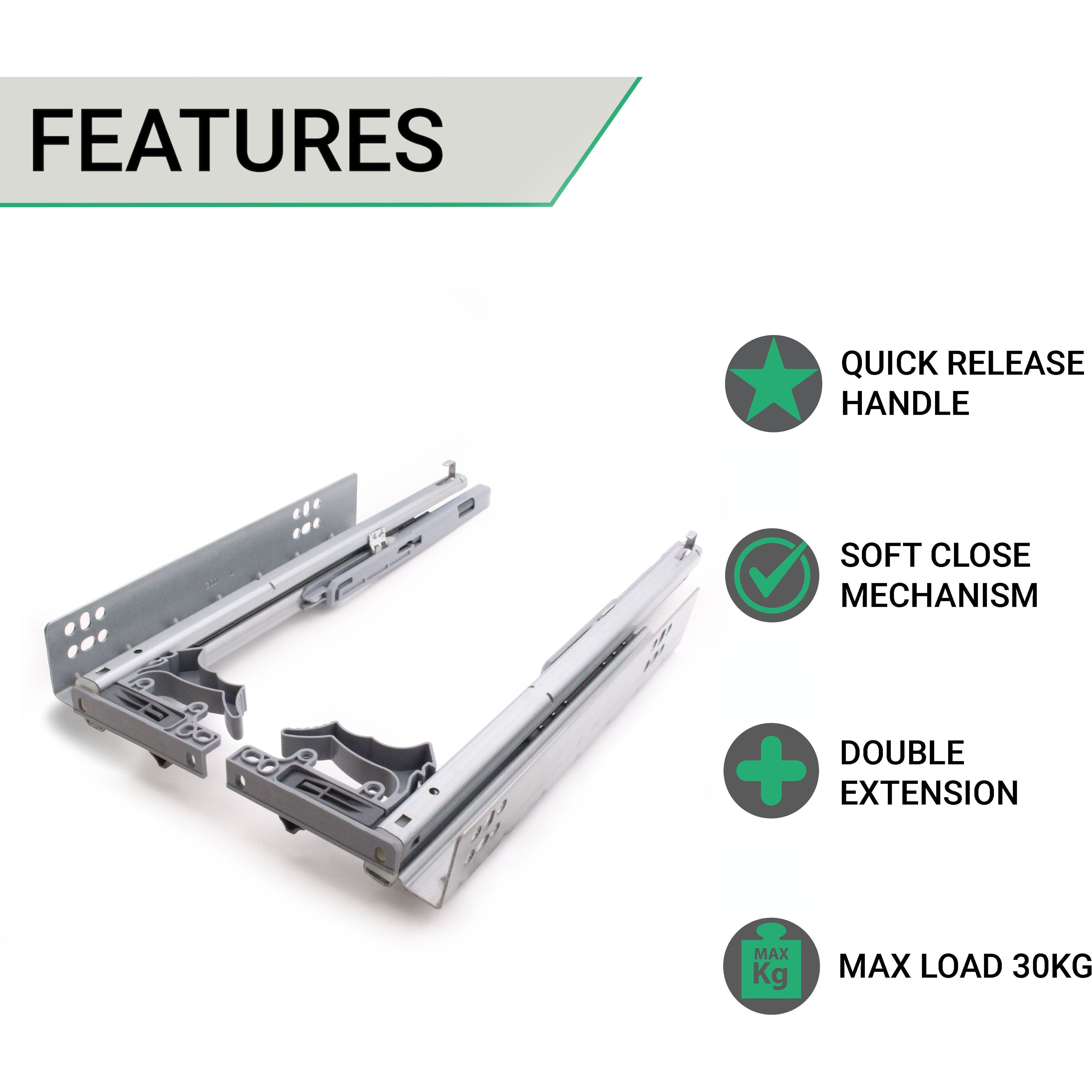 Soft Close Concealed Undermount Drawer Runners Double Extension 30kg ...