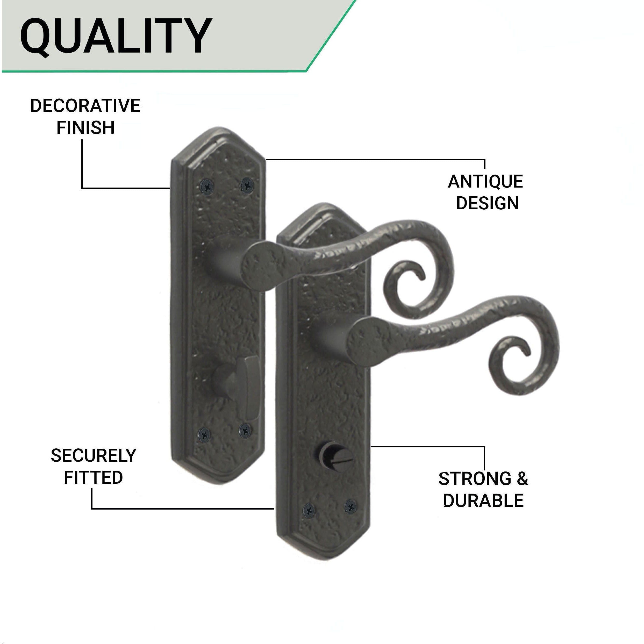 Black Iron Lever Door Handles on Backplate Curly Tail Pattern Bathroom ...
