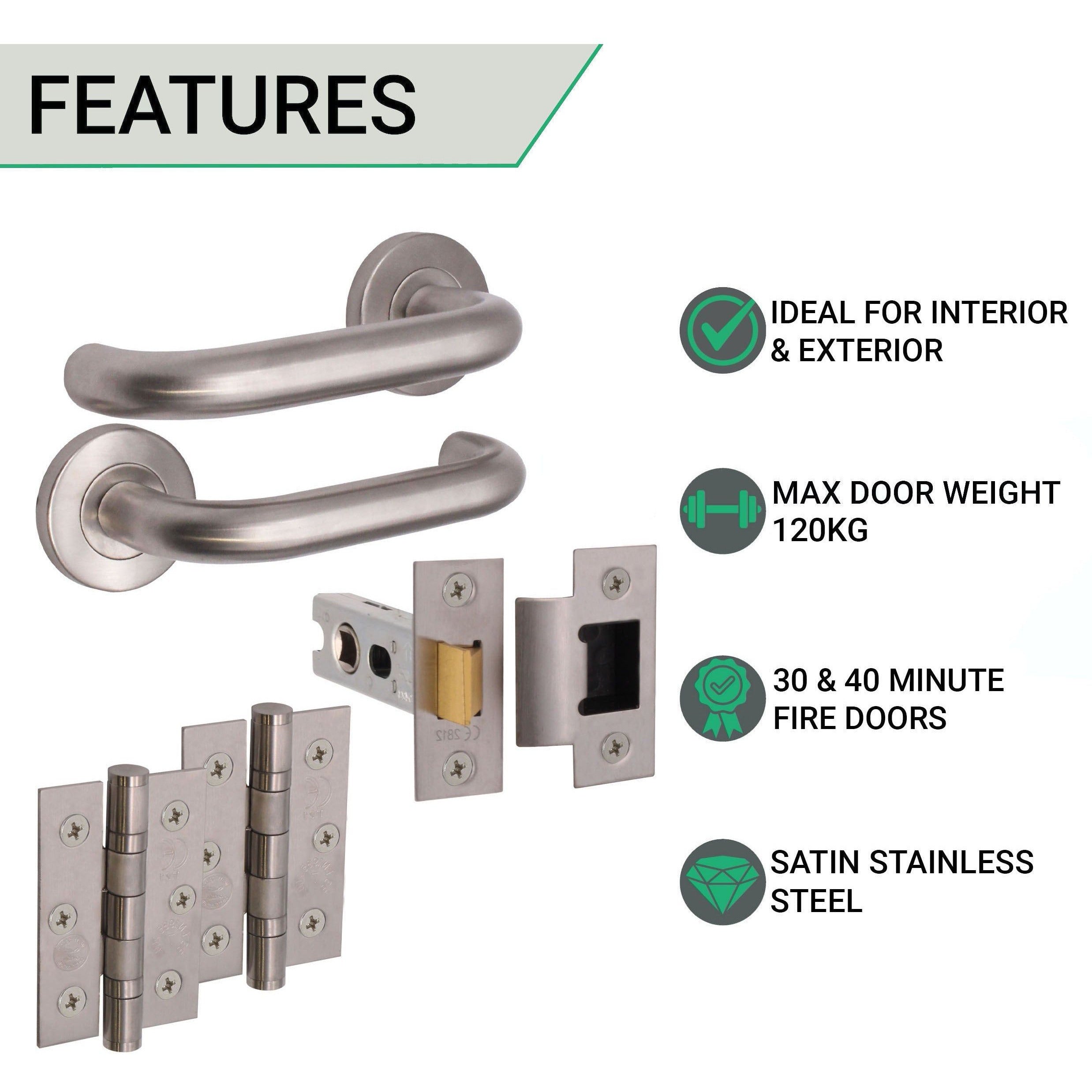 Return To Door Lever on Rose Handle Hinges & Latch Kit – Satin ...