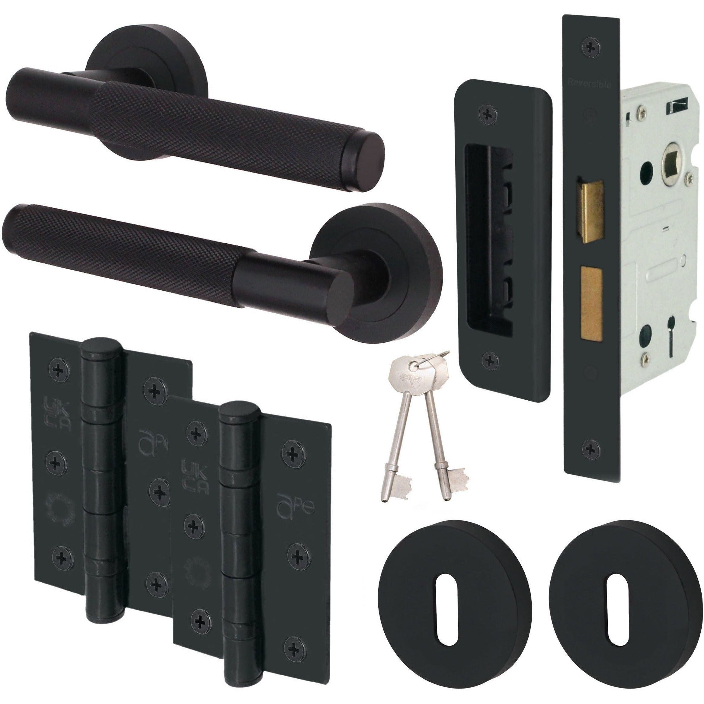 Black Knurled Turned Door Handles Lever on Round Rose Dinis Pattern ...