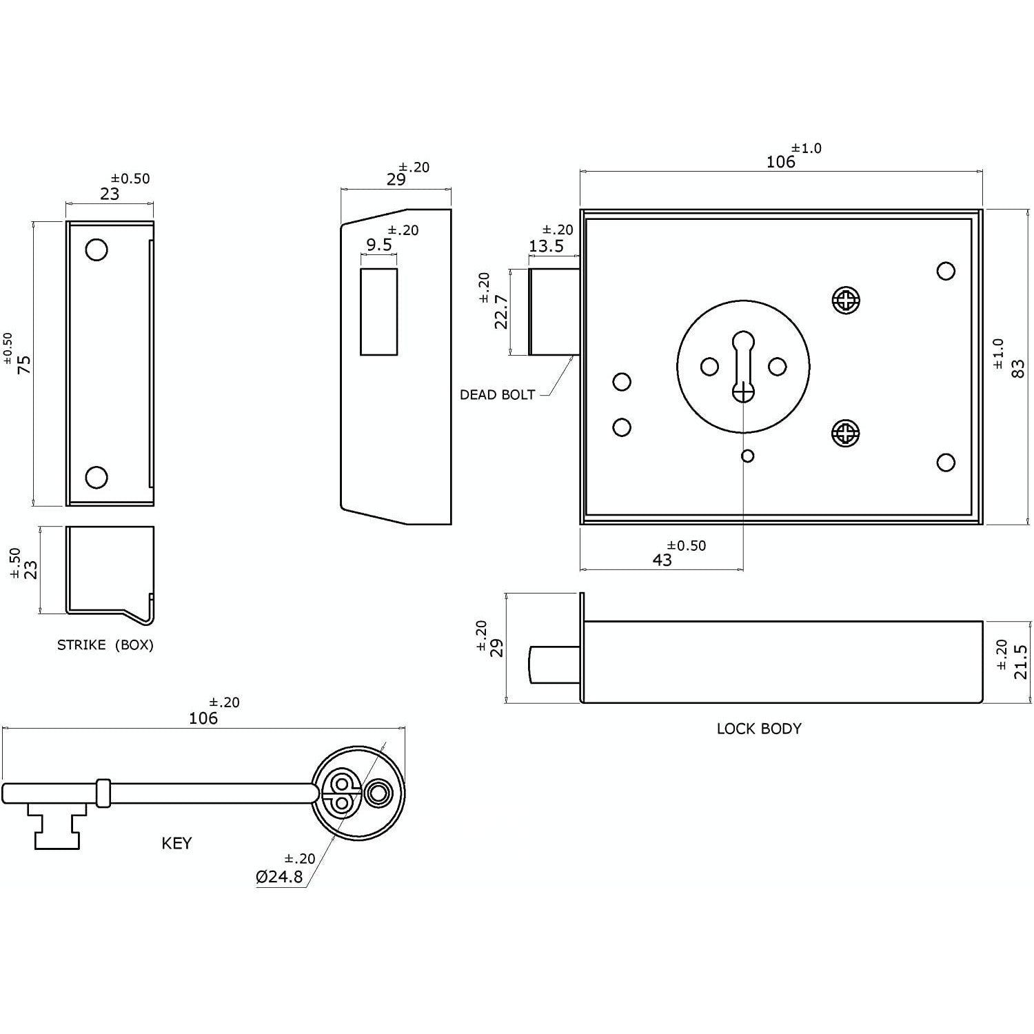Rim Deadlock Surface Mounted Lock - 106 x 83mm - Black - tradefit
