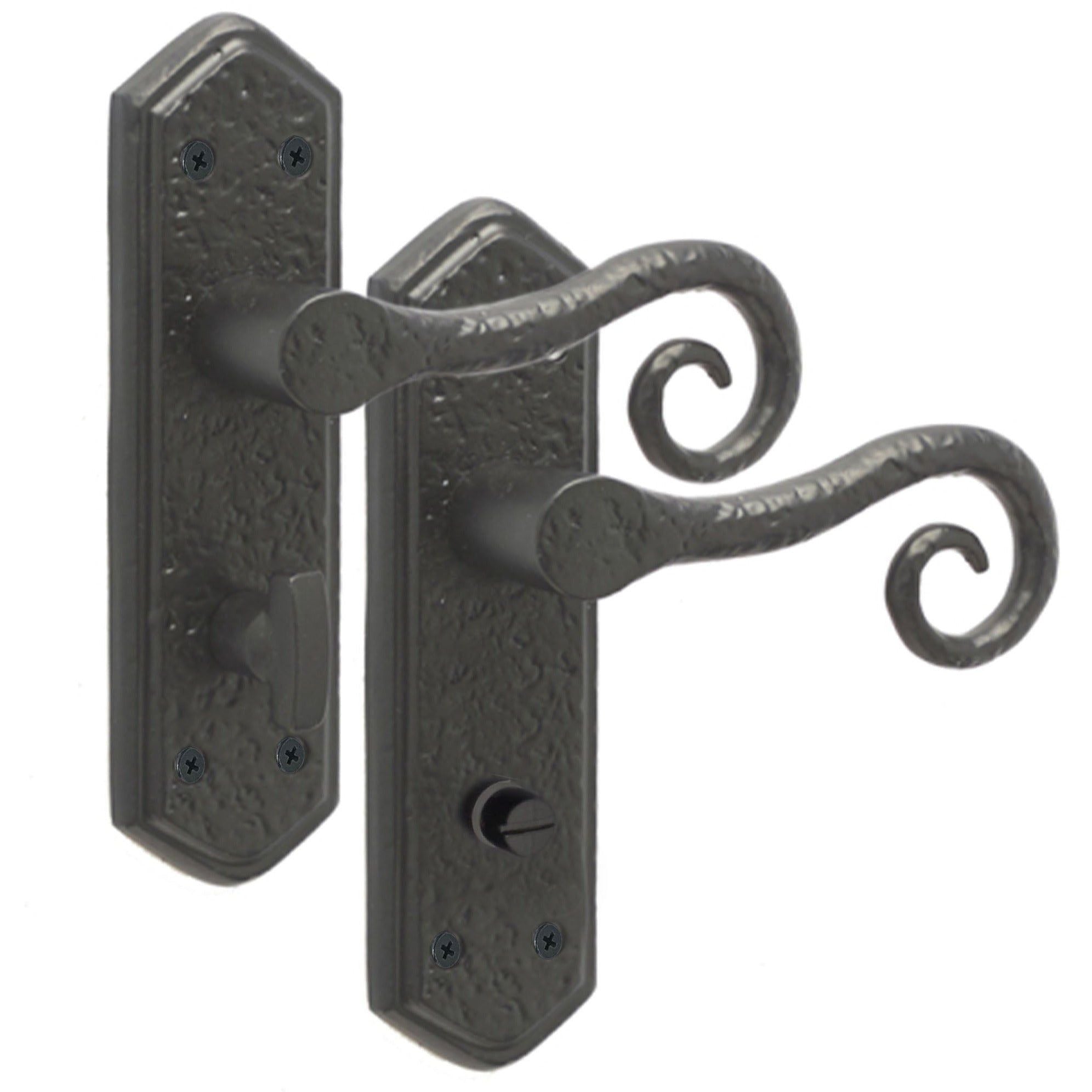 Black Iron Lever Door Handles on Backplate Curly Tail Pattern Bathroom ...
