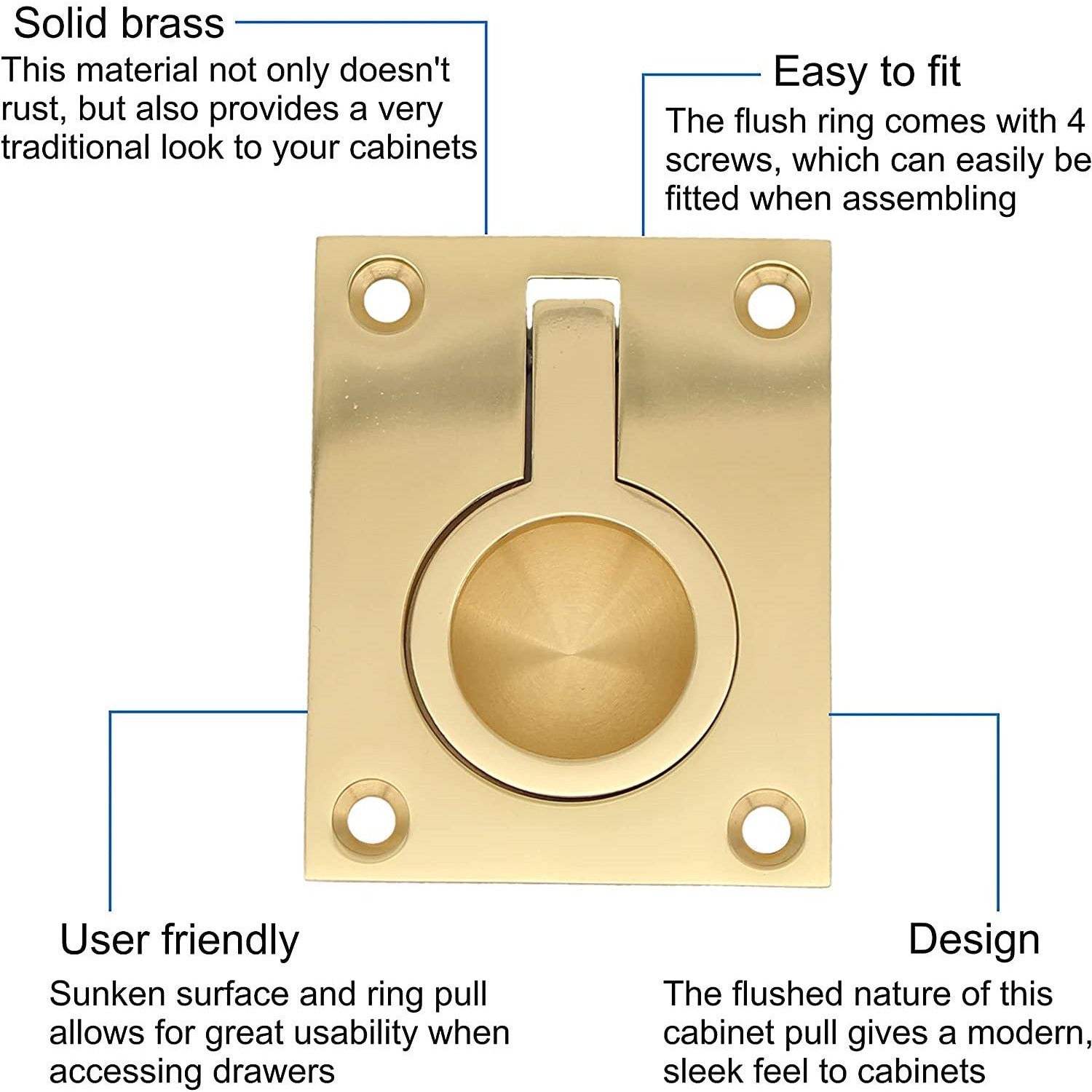 Flush Ring Pull - 38 x 50nm - Polished Brass - tradefit