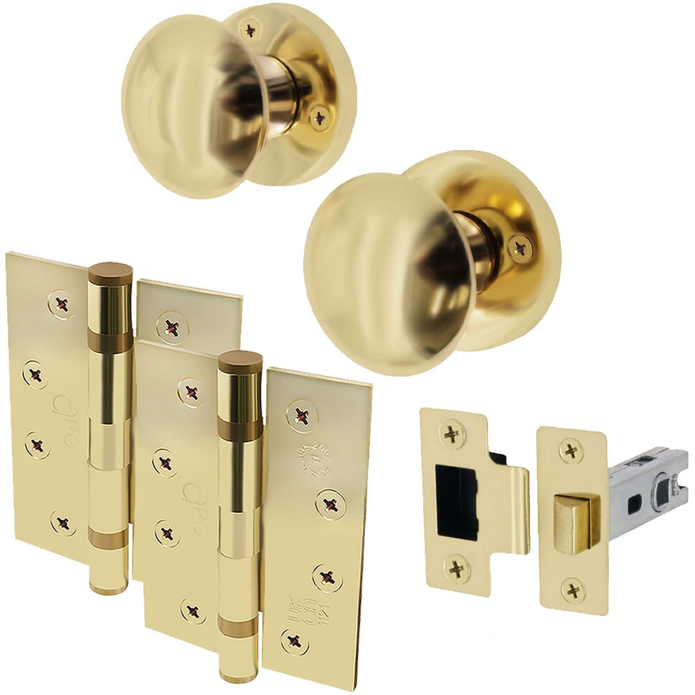 Round Latch Knob Kit - Polished Brass - Knob 55mm - Latch 76mm - Hinge ...