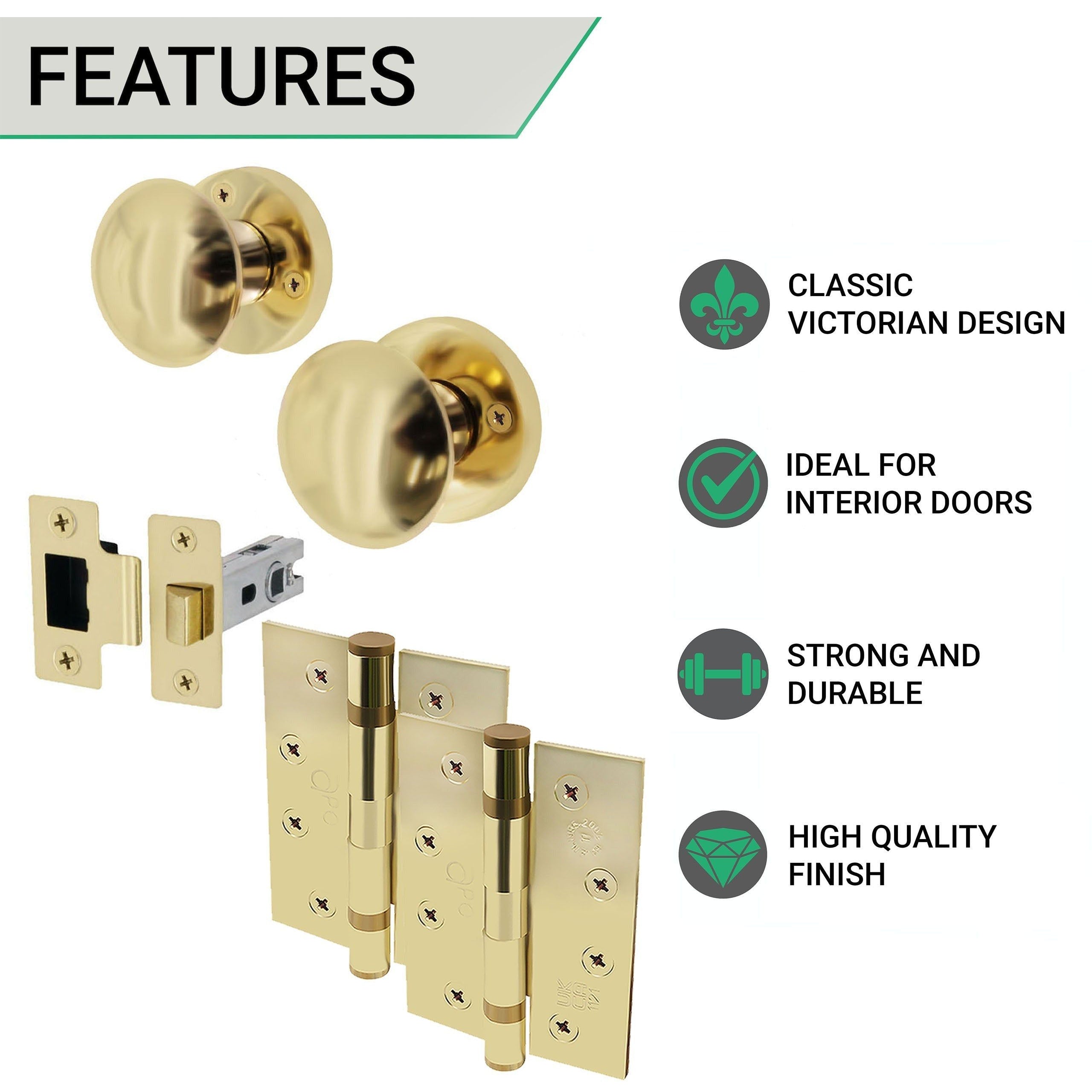 Round Latch Knob Kit - Polished Brass - Knob 55mm - Latch 76mm - Hinge ...