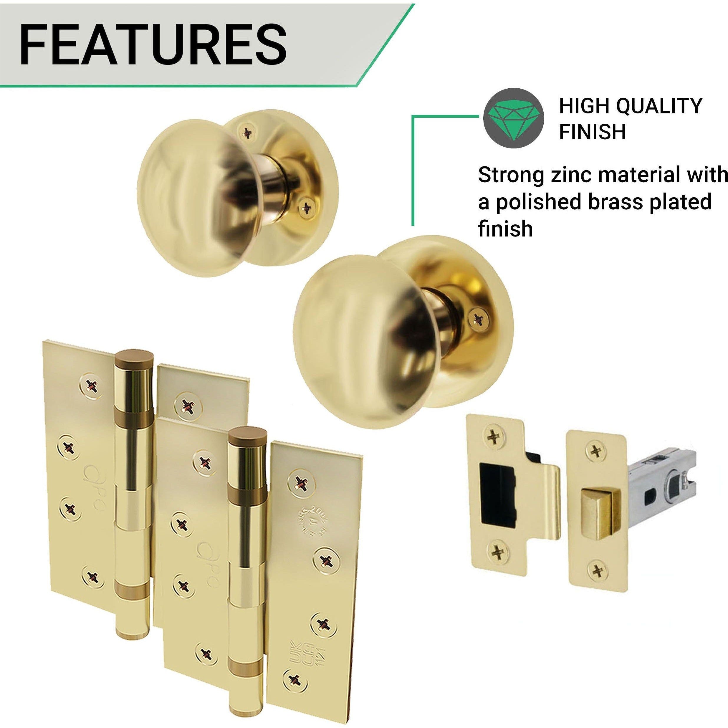 Round Latch Knob Kit - Polished Brass - Knob 55mm - Latch 76mm - Hinge ...