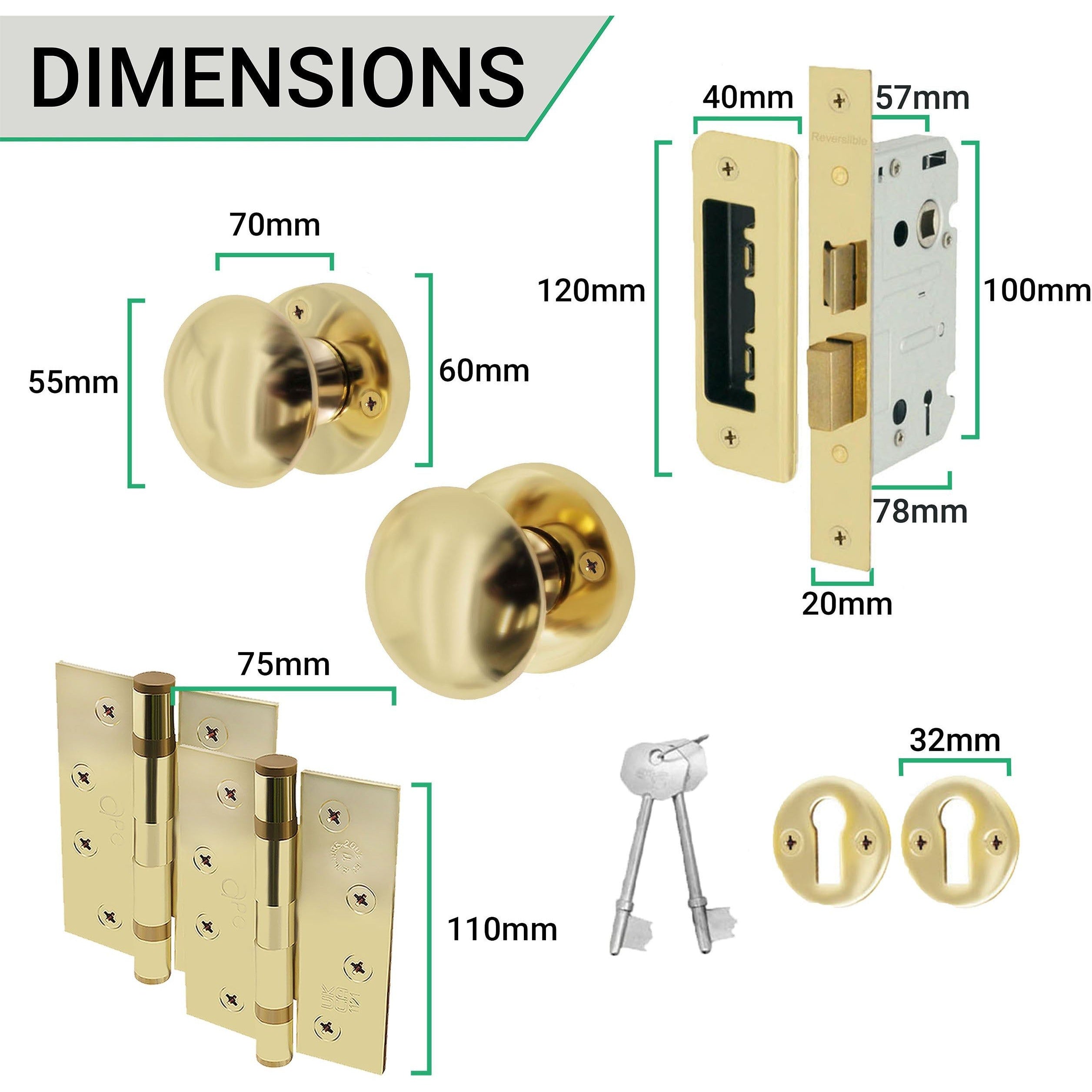 Round Lock Knob Kit - Polished Brass - Knob 55mm - Lock 80mm - Hinge ...