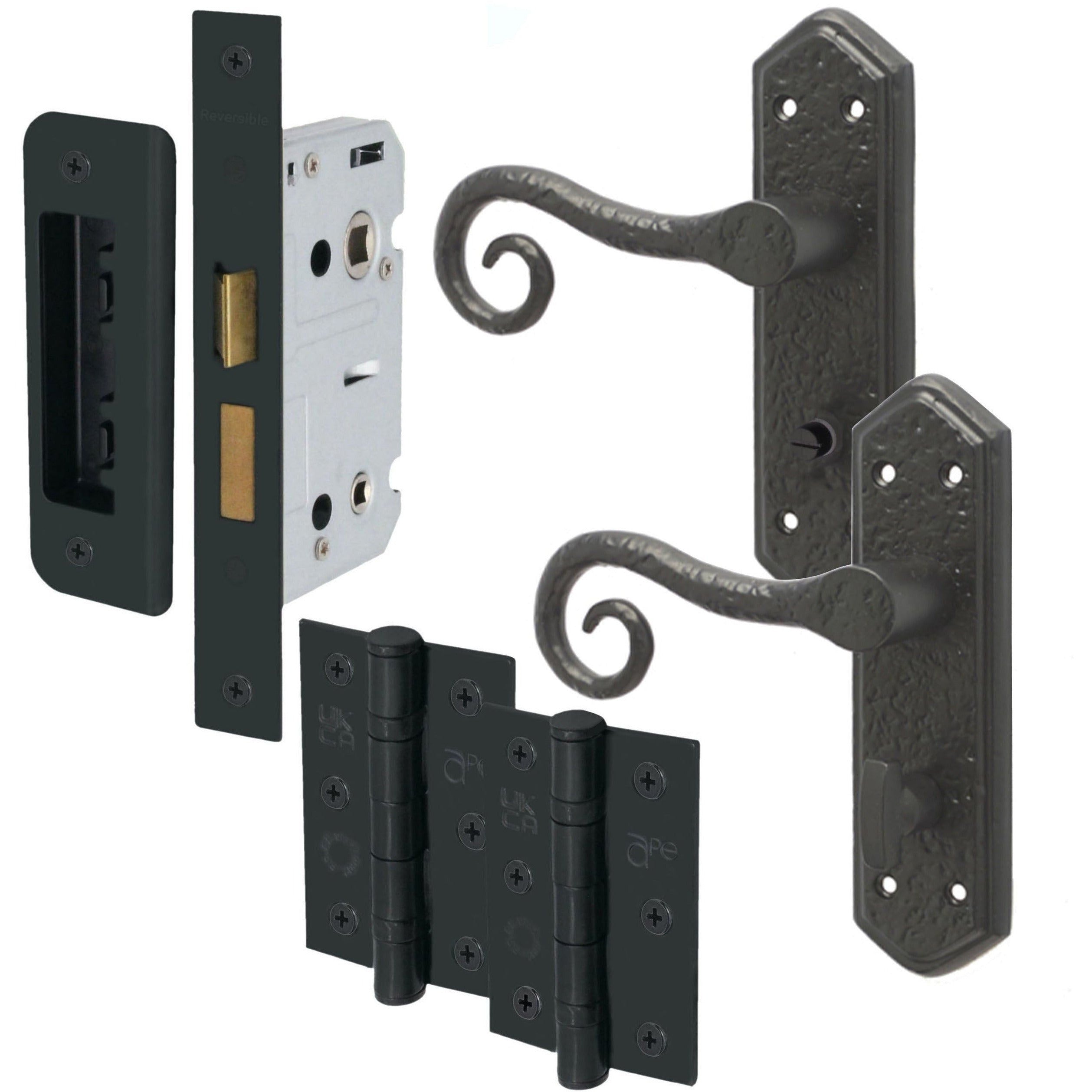 Curly Black Antique Lever on Backplate Bathroom Kit / Pack - 65mm Lock ...
