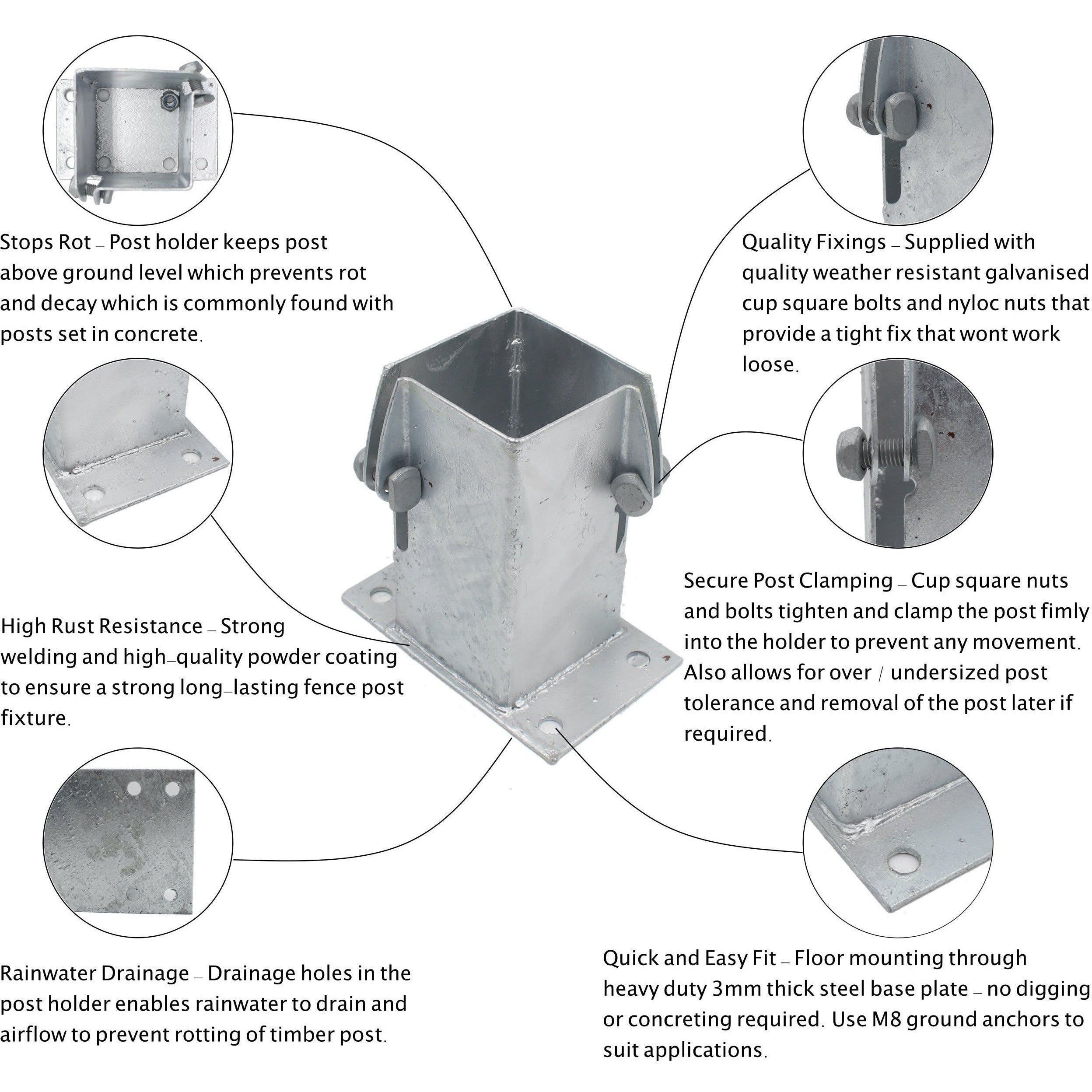 Bolt Down Fence Post Flush Fit Shoe - 100mm - Hot Dip Galvanised - tradefit