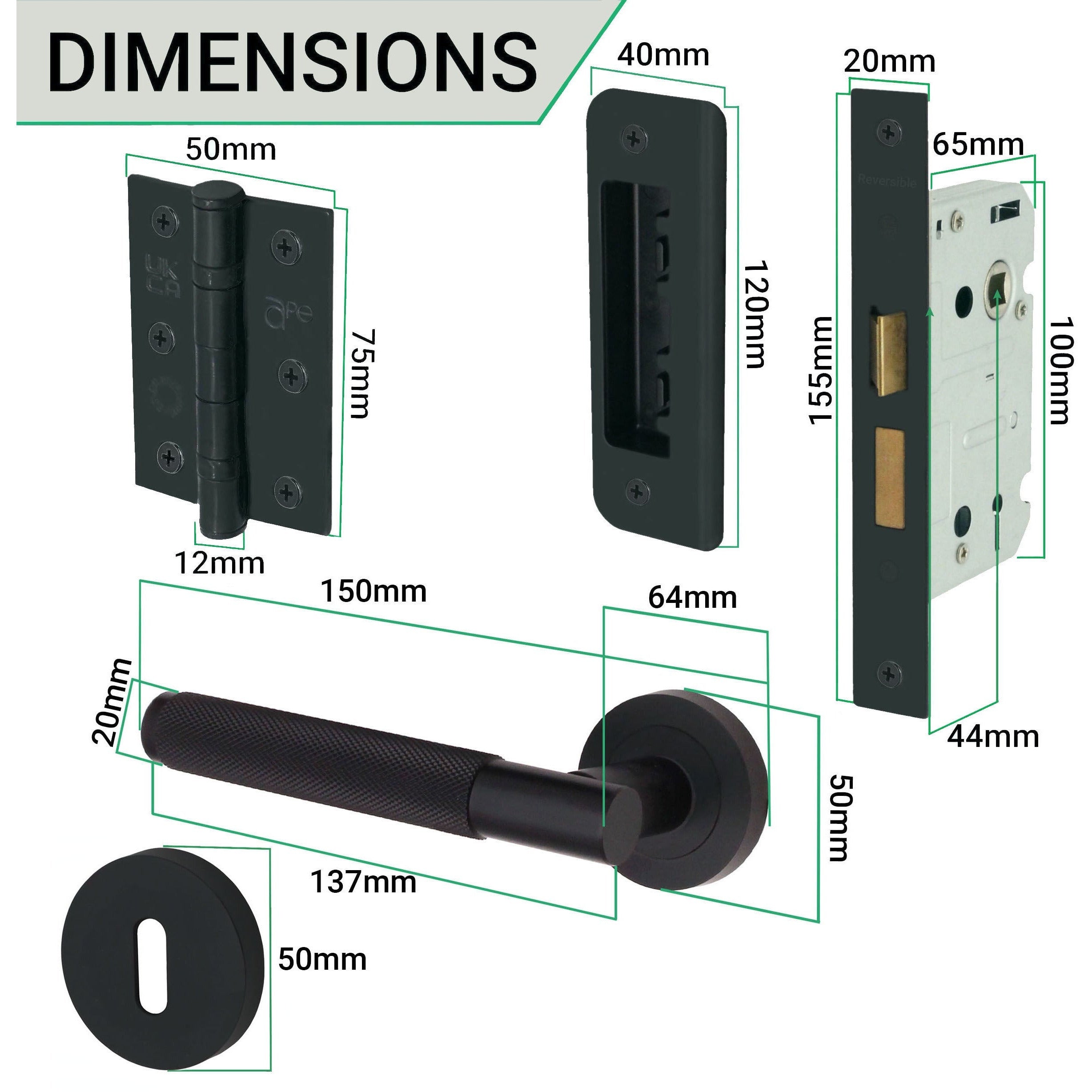 Black Knurled Turned Door Handles Lever on Round Rose Dinis Pattern ...