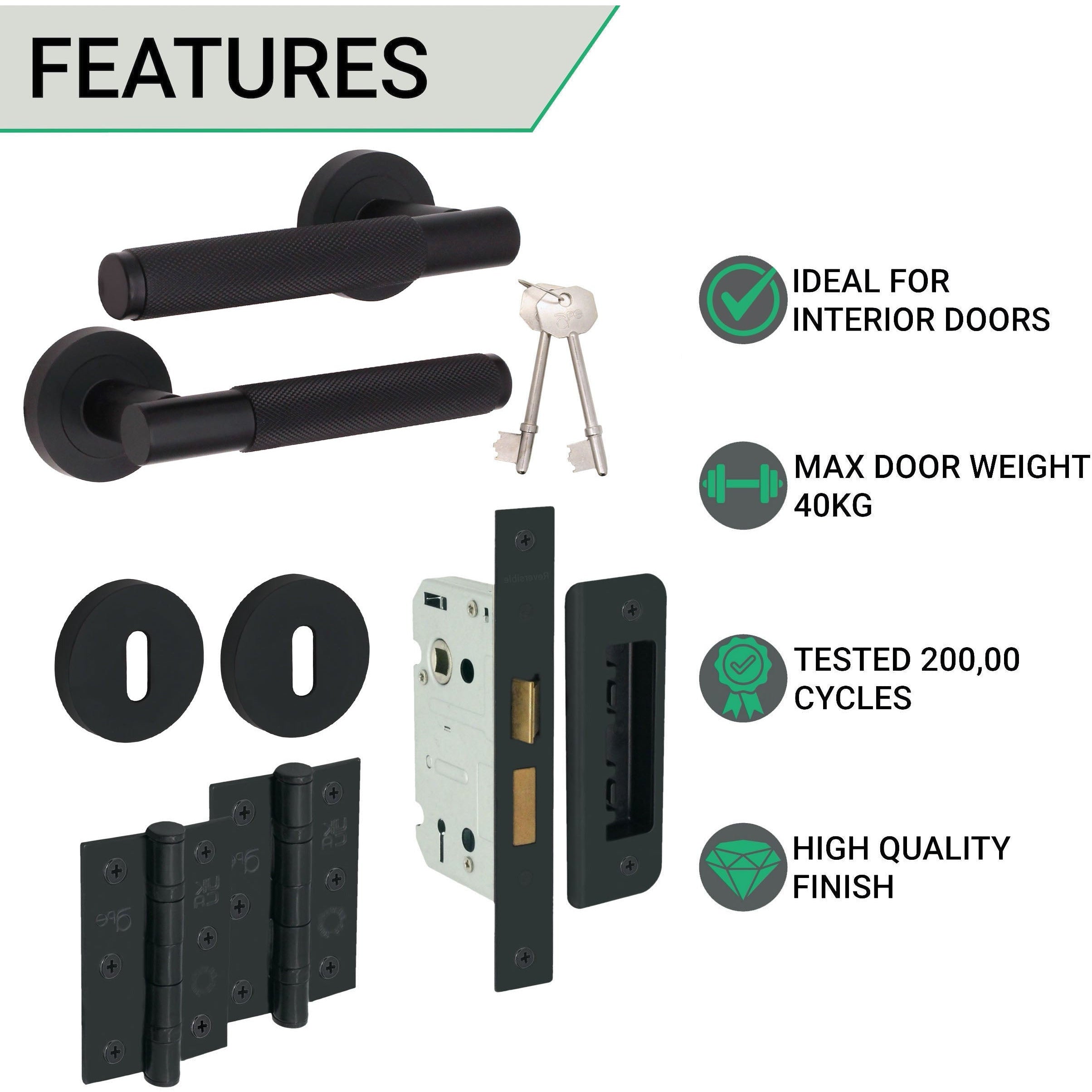 Black Knurled Turned Door Handles Lever on Round Rose Dinis Pattern ...