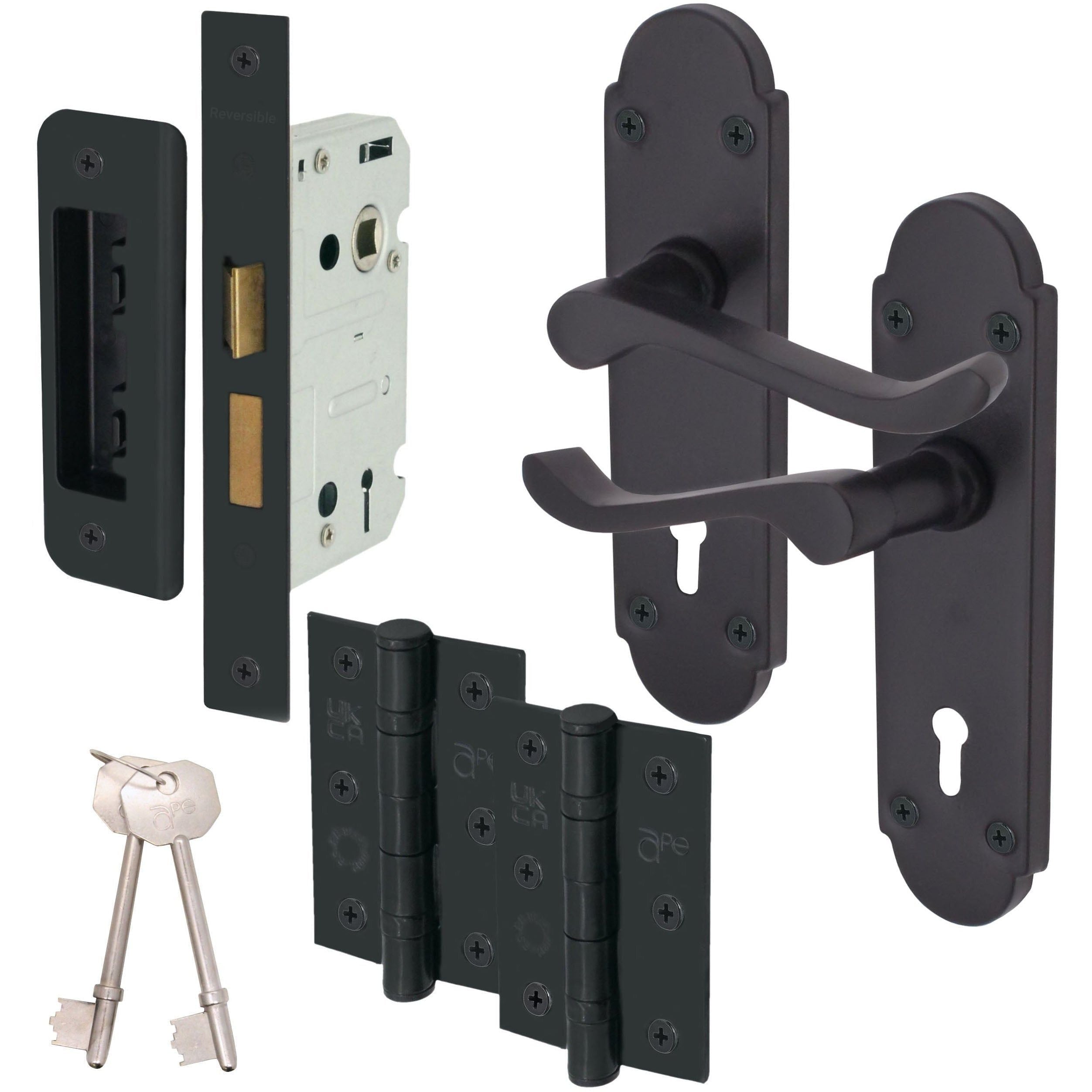 Victorian Rectory Matt Black Door Handle Pack - 66mm 3 Lever Sashlock ...