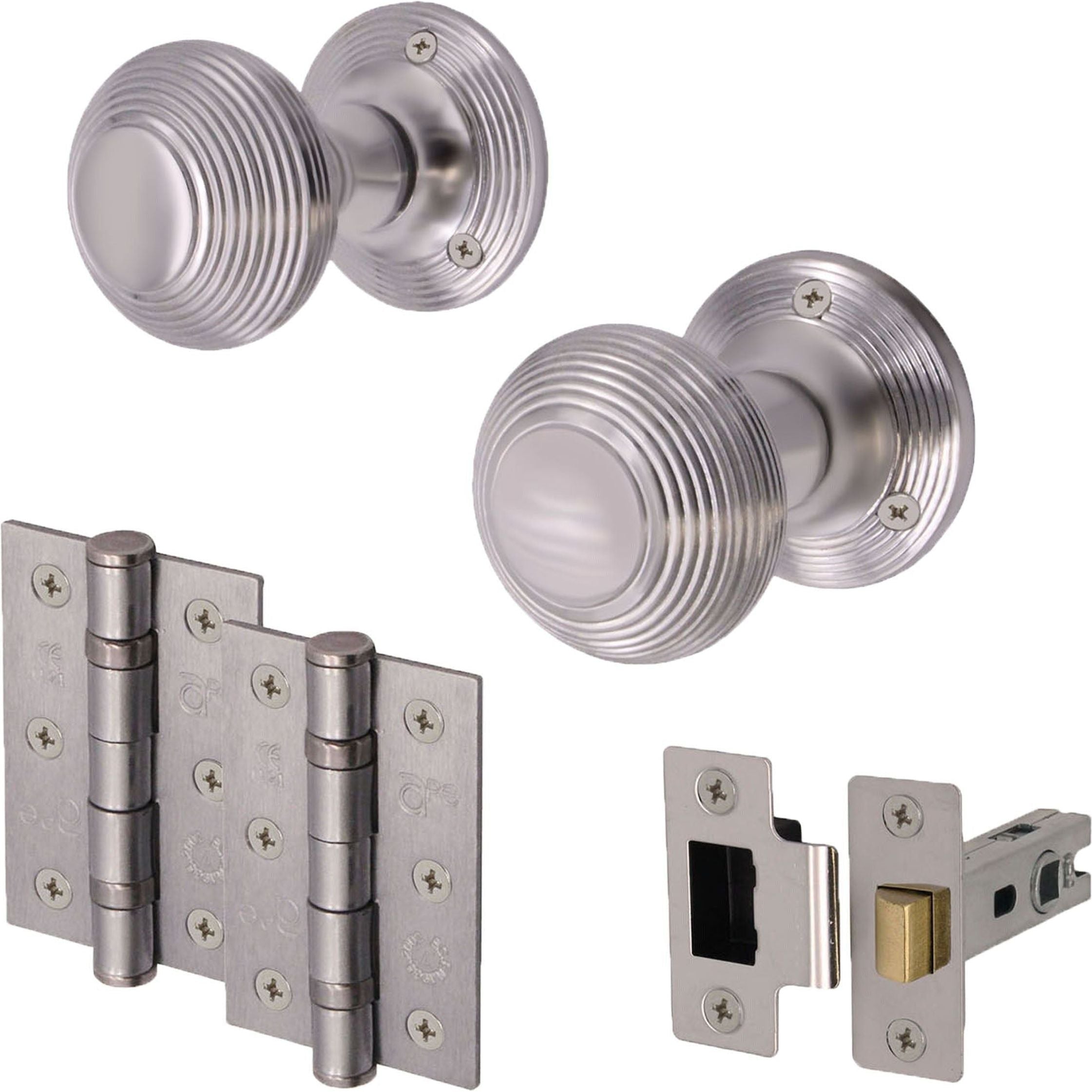 Beehive Reeded Mortice Door Knob Latch Set - Satin Chrome - Knob 55mm - Latch 76mm - Hinge 76mm ...