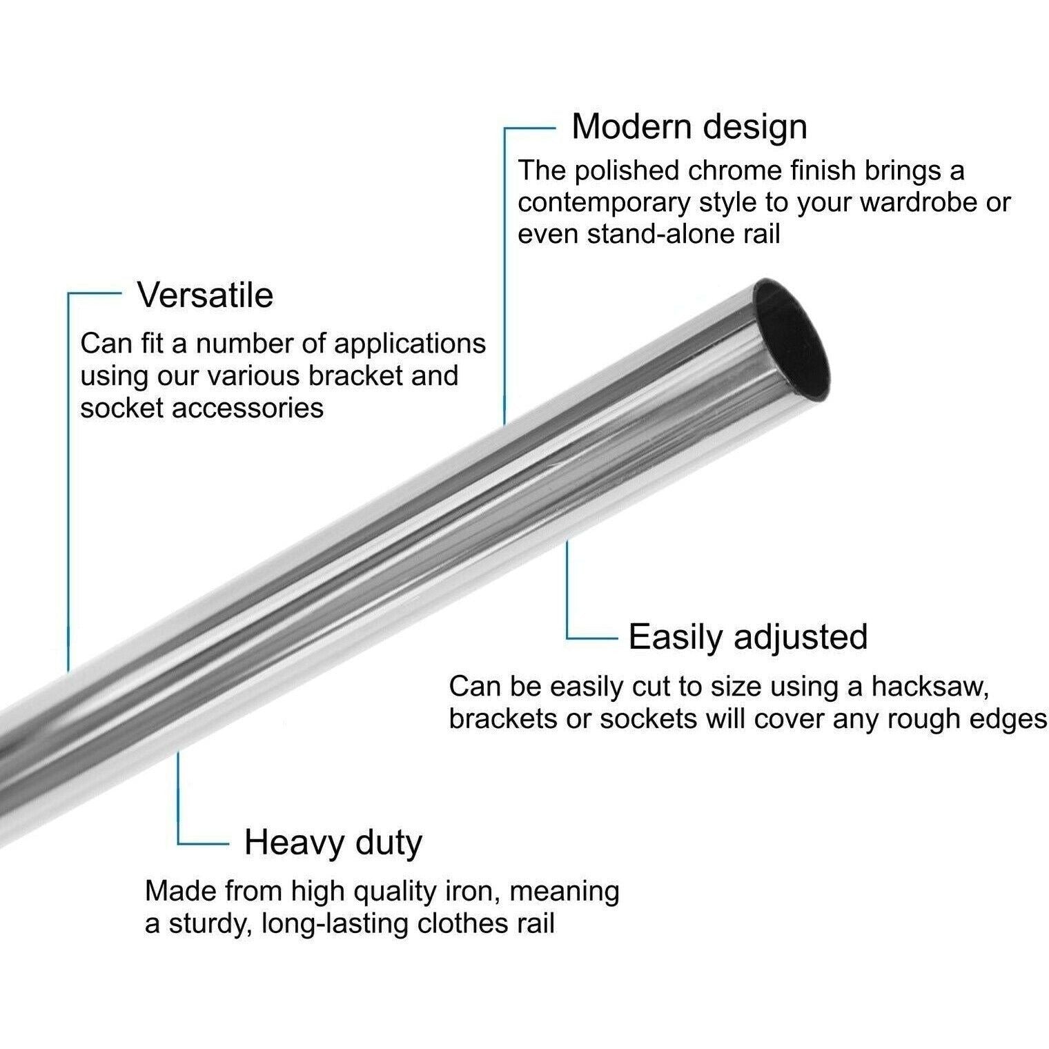 Wardrobe Rail Kit - 25mm Tube - 2500mm Rail with 2x End Brackets & 1x ...